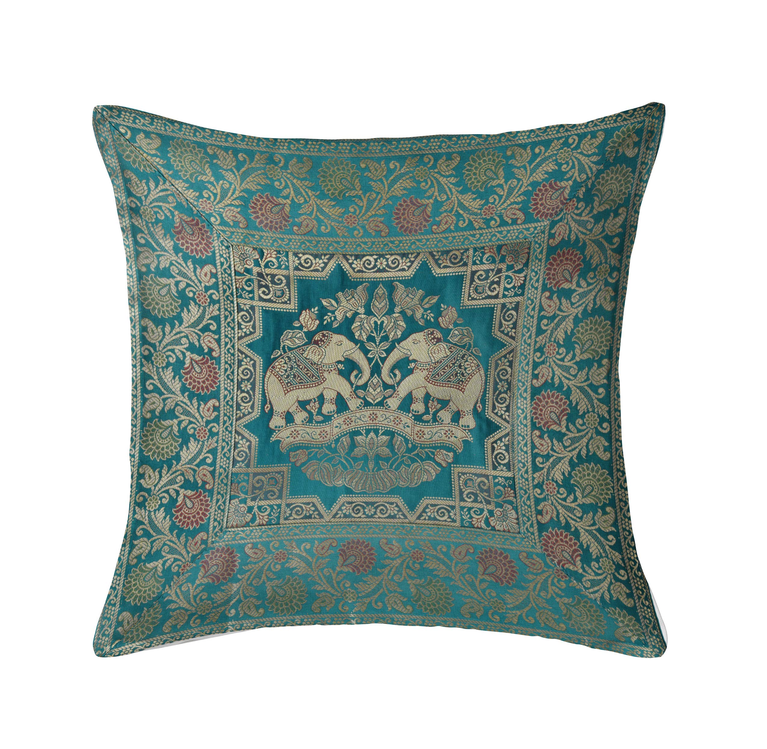 ANJANIYA Set of 4 17x17 inch (43x43 cm) Elephant Banarsi Silk Indian Ethnic Bohemian Decorative Cushion Cover Handcrafted Patchwork Sari Throw Pillow Boho Decor Cushion Covers (Double Elephant)