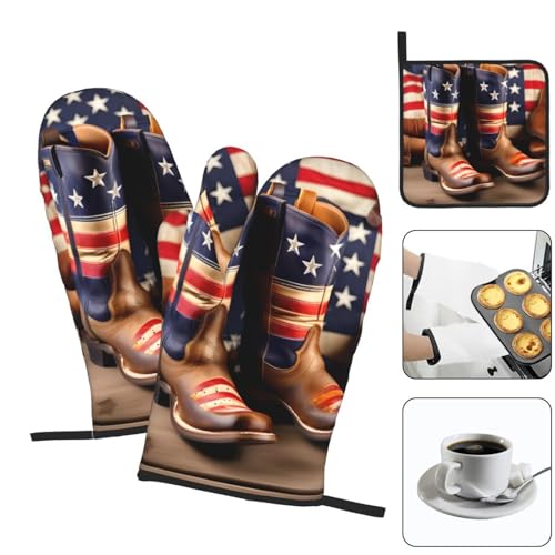 American Flag with Cowboy Boots Oven Mitts and Pot Holders Set–Ultimate Heat Resistant Set for Kitchen and Dining