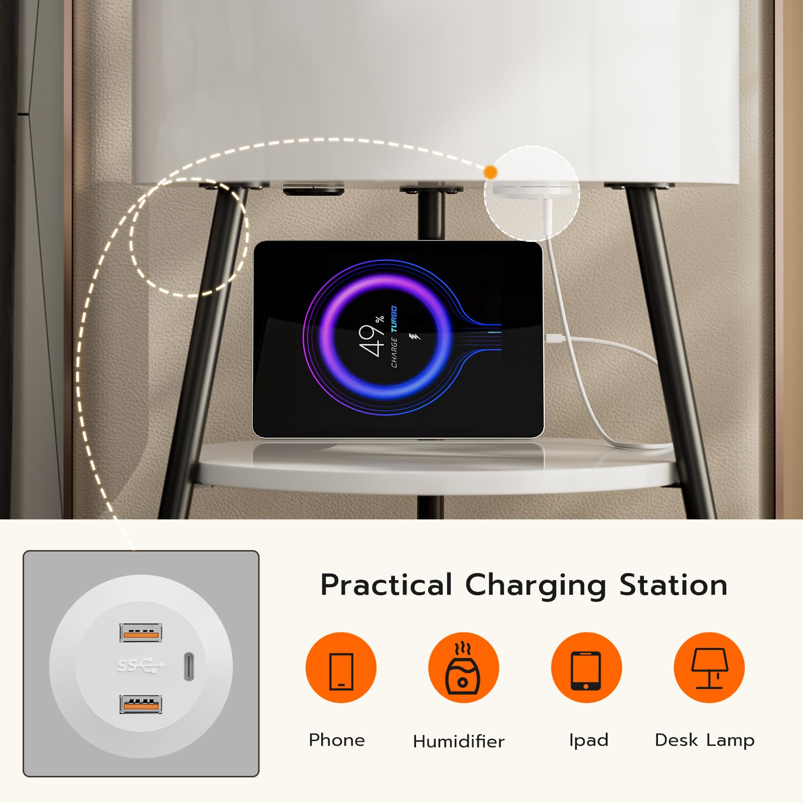 AOVSA Modern LED End Table Nightstands with USB Ports and Wireless Charging, Side Table with Storage Drawer Cabinet and 3-Color Temperature LED Lights for Living Room Bedroom-White
