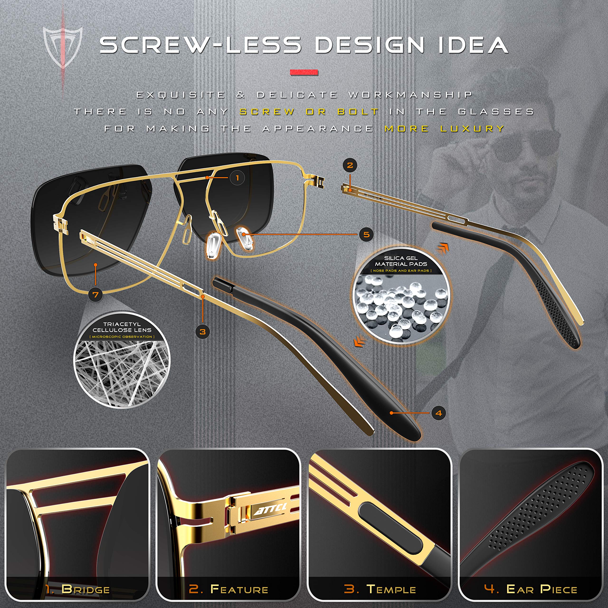 ATTCL Polarized Sunglasses for Men - UV400 Protection Lightweight Stainless Steel Rectangular Frame 9771 Gold+grey