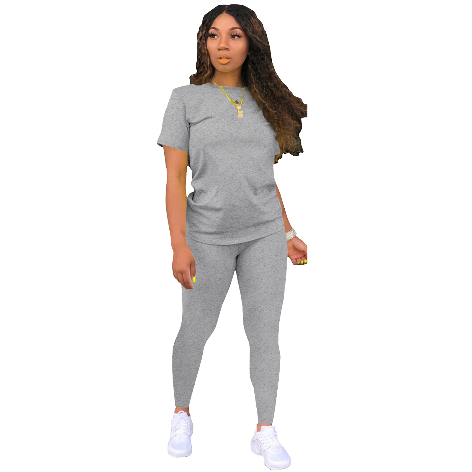 AOMONI Women Two Piece Outfits Tracksuit Summer Plus Size Top Pant Set Casual Short Sleeve T-shirt Gray 3X-Large