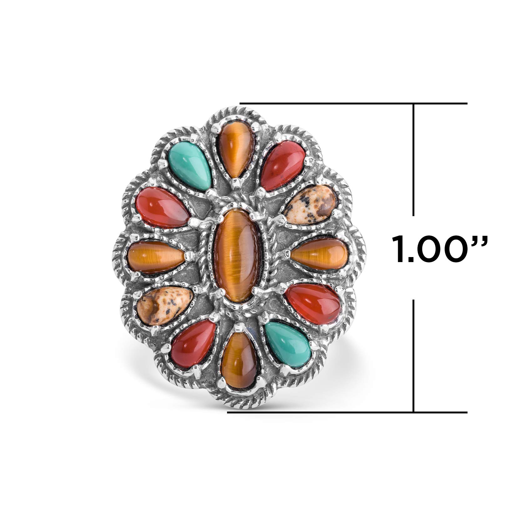 American West Sterling Silver Tiger Eye, Jasper and Carnelian Gemstone Cluster Design Ring Size 8