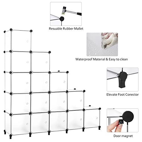ANWBROAD Cube Storage Organizer, 16-Cube Modular DIY Book Shelf with Doors, Closet Clothes Organizer, Plastic Storage Cubbies Cabinet for Living Room Bedroom Office White ULCS16TM