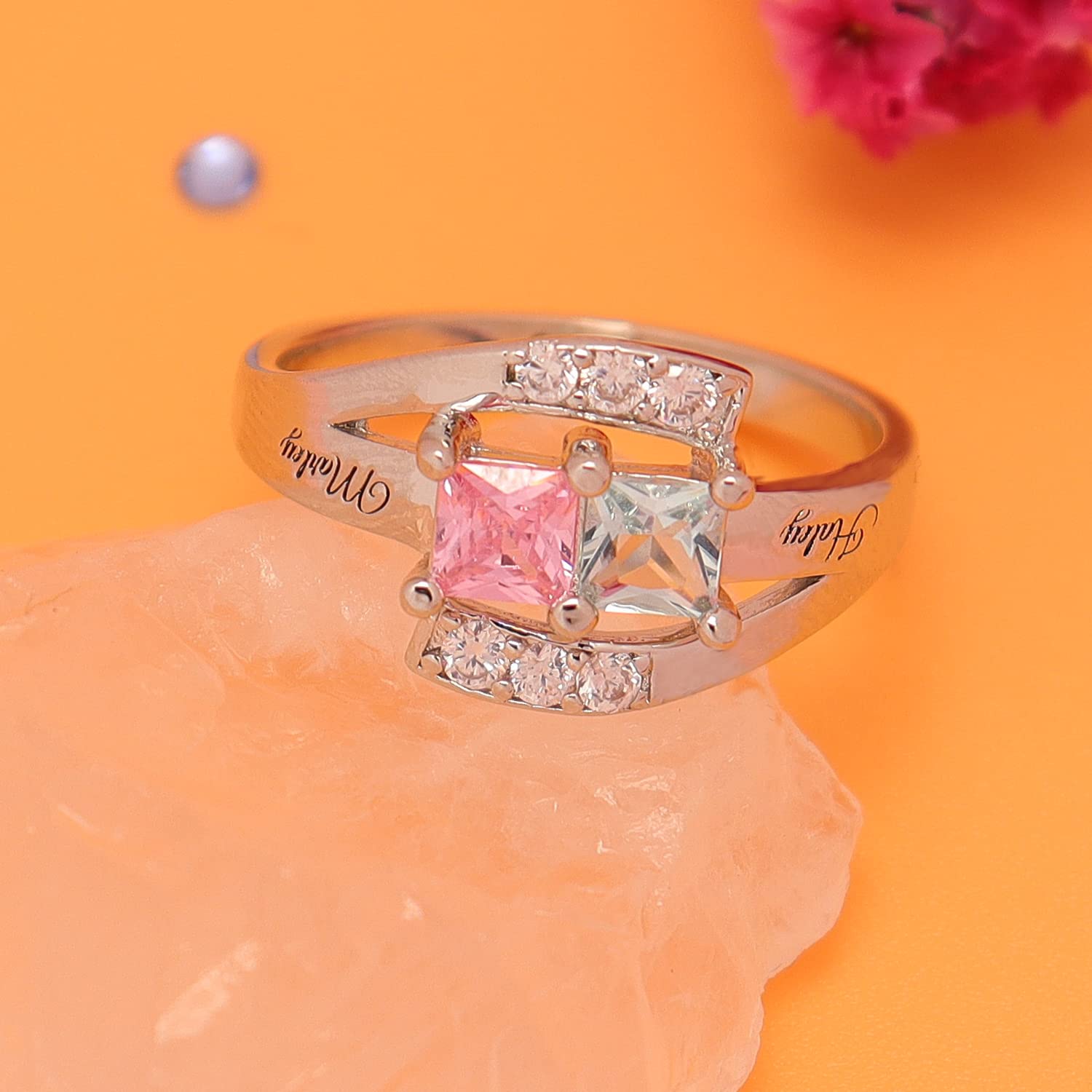 AREH Personalized Mothers Ring with 2 Princess-Cut Birthstones Custom Engraved Names Engagement Rings for Women