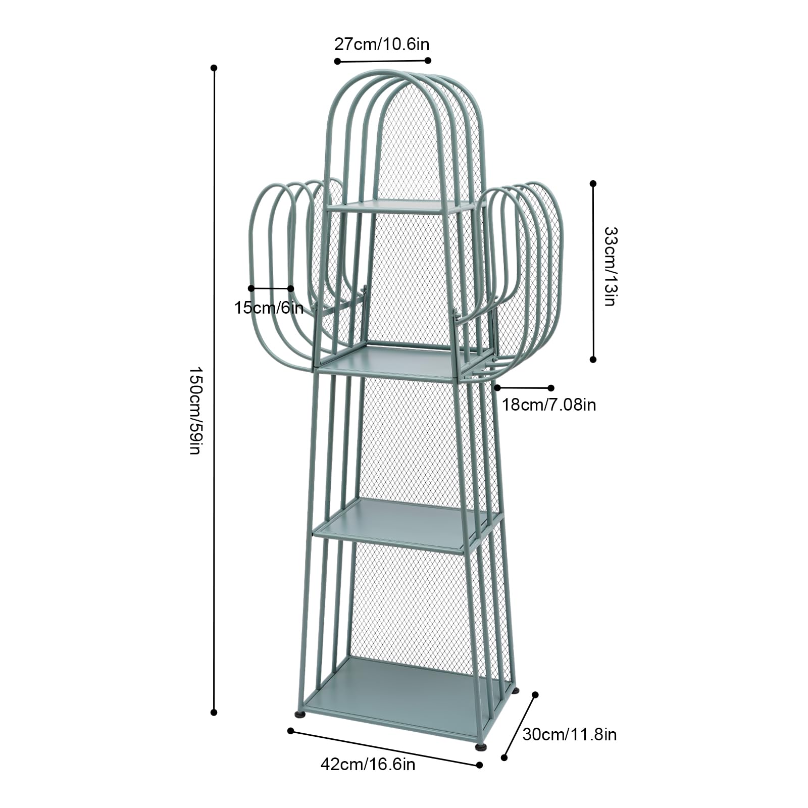 Cactus Bookshelf, 4 Tier Freestanding Cactus Shape Metal Hollow-Out Bookshelfs, Creative Book Storage Shelf Organizer for Small Space Green Cactus Bookcase for Home Living Room Bedroom (Green)