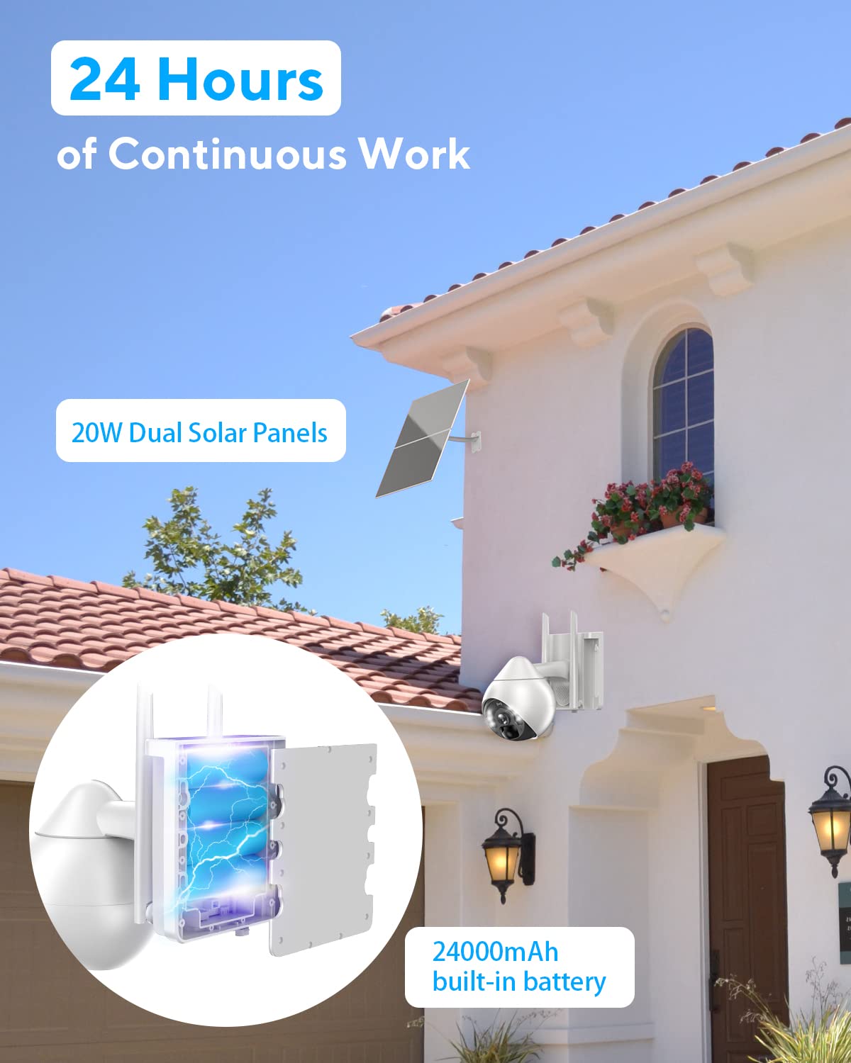 ANWIKE Solar Security Camera Outdoor Full 360°Coverage - Double Solar Panel Pan Tilt Zoom Wireless Security Camera with floodlights Color Night Vision, WiFi Camera 2-Way Audio IP66 Waterproof