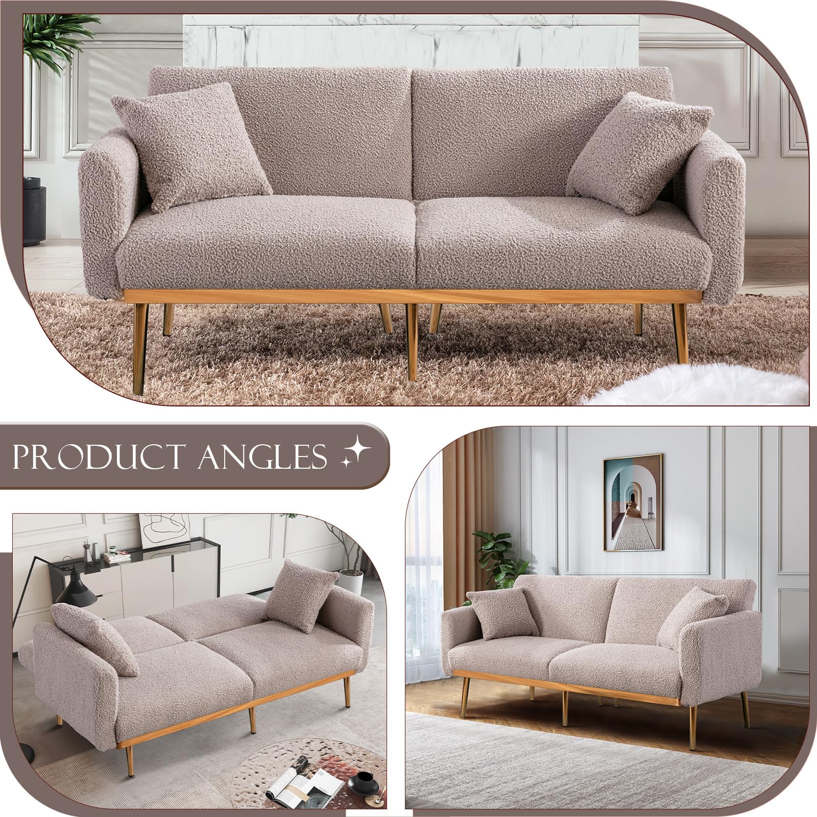 Convertible Futon Sofa Bed, Upholstered Loveseat Sleeper Couch with 3 Reclining Angles and 2 Pillows, Modern Living Room Sofa Couch with 5 Solid Metal Legs for Guest Room, Office, White Teddy