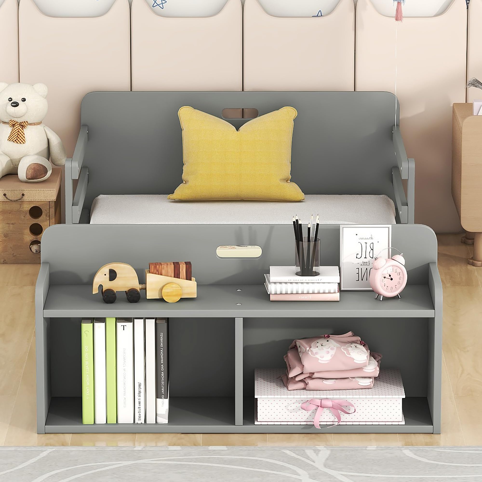 Twin Size Floor Bed with Rails and Storage Bench, Wood Kids Platform Bed Frame with Headboard and Footboard, No Box Spring Needed, Gray