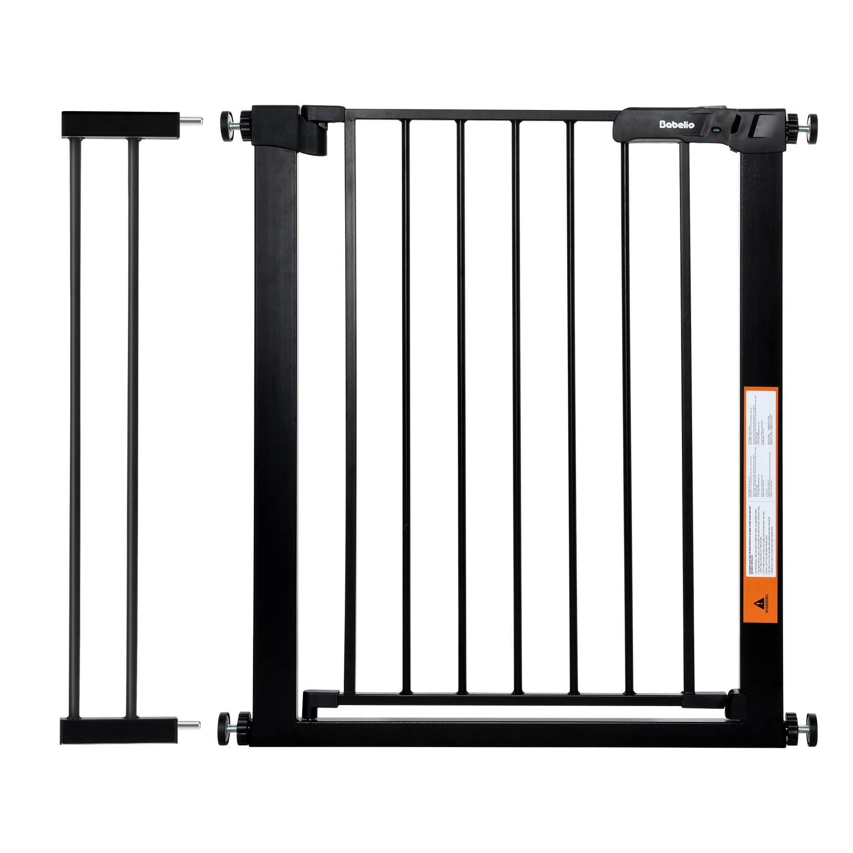 BABELIO 26-34.5 Inch Easy Install Narrow Pressure Mounted Metal Baby Gate, No Drilling, No Tools Required, with Wall Protectors and Extenders (Black)