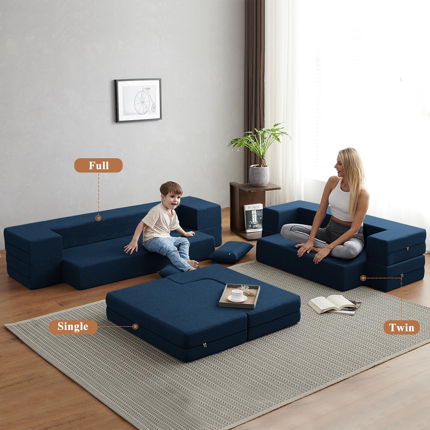 FILUXE Convertible Folding Sofa - Modern Linen Fabric Coffee Table, Foldable Floor & Futon Couch, with Pillow for Living Room/Dorm/Guest Room/Home Office/Apartment,Twin,Navy Blue