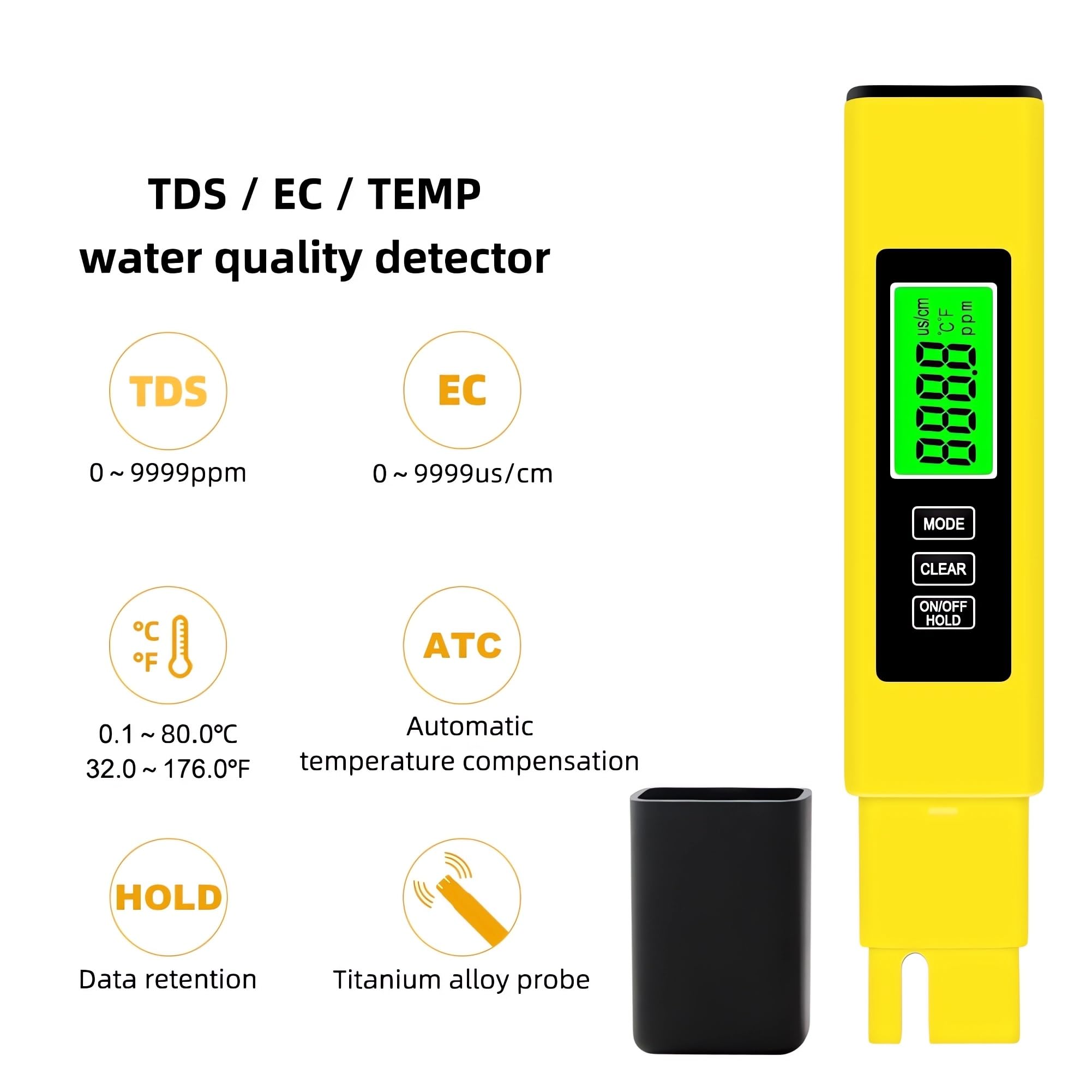 TDS Meter Digital Water Quality Tester,EC Meter & Temperature Meter 4 in 1,for Ro-Rodi System Drinking Water,Water Quality Tester 0-9990 PPM Measuring Range,1 PPM Increments（Yellow）
