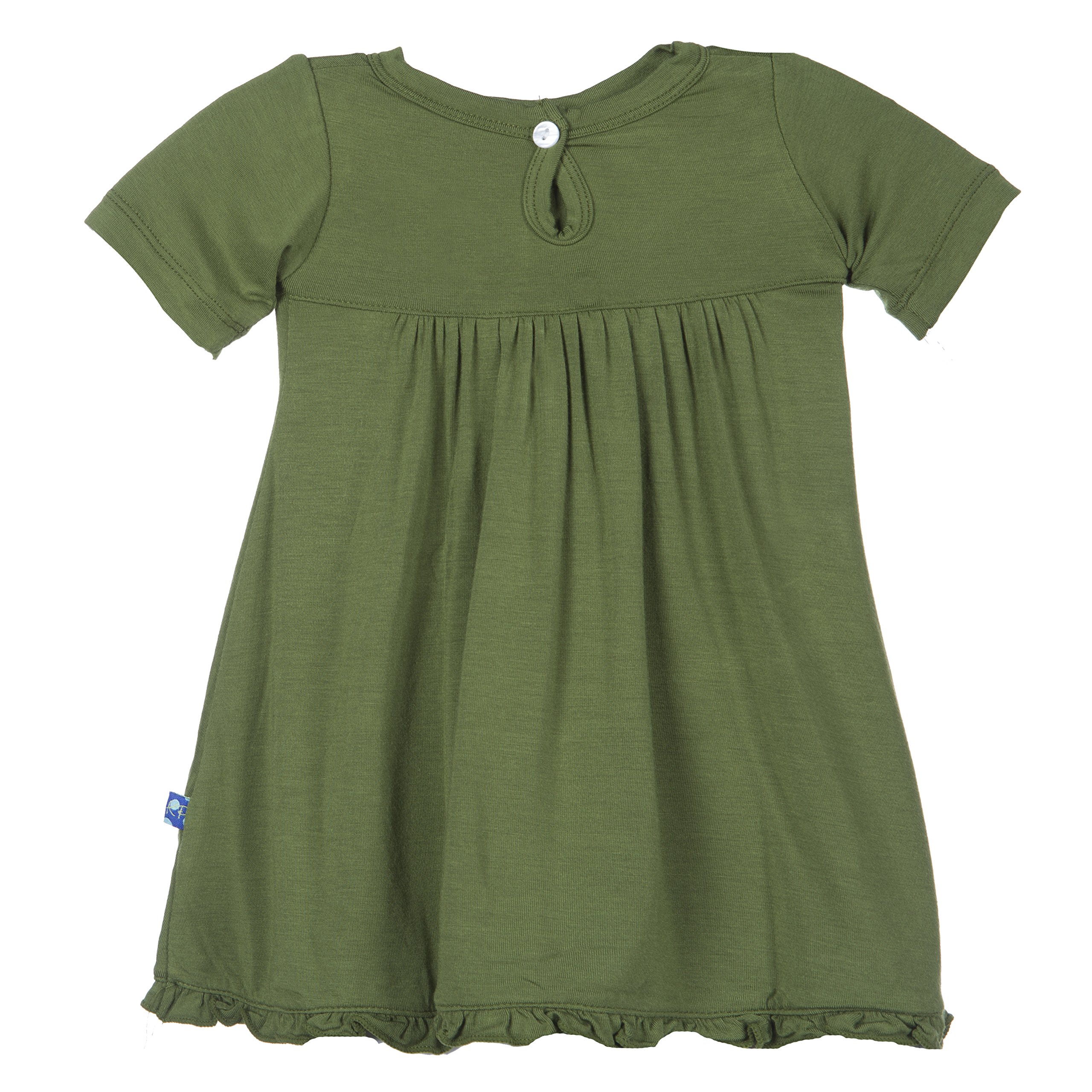 KicKee Pants Girls Short Sleeve Swing Dress with Keyhole Button Closure, Moss Green, 3T