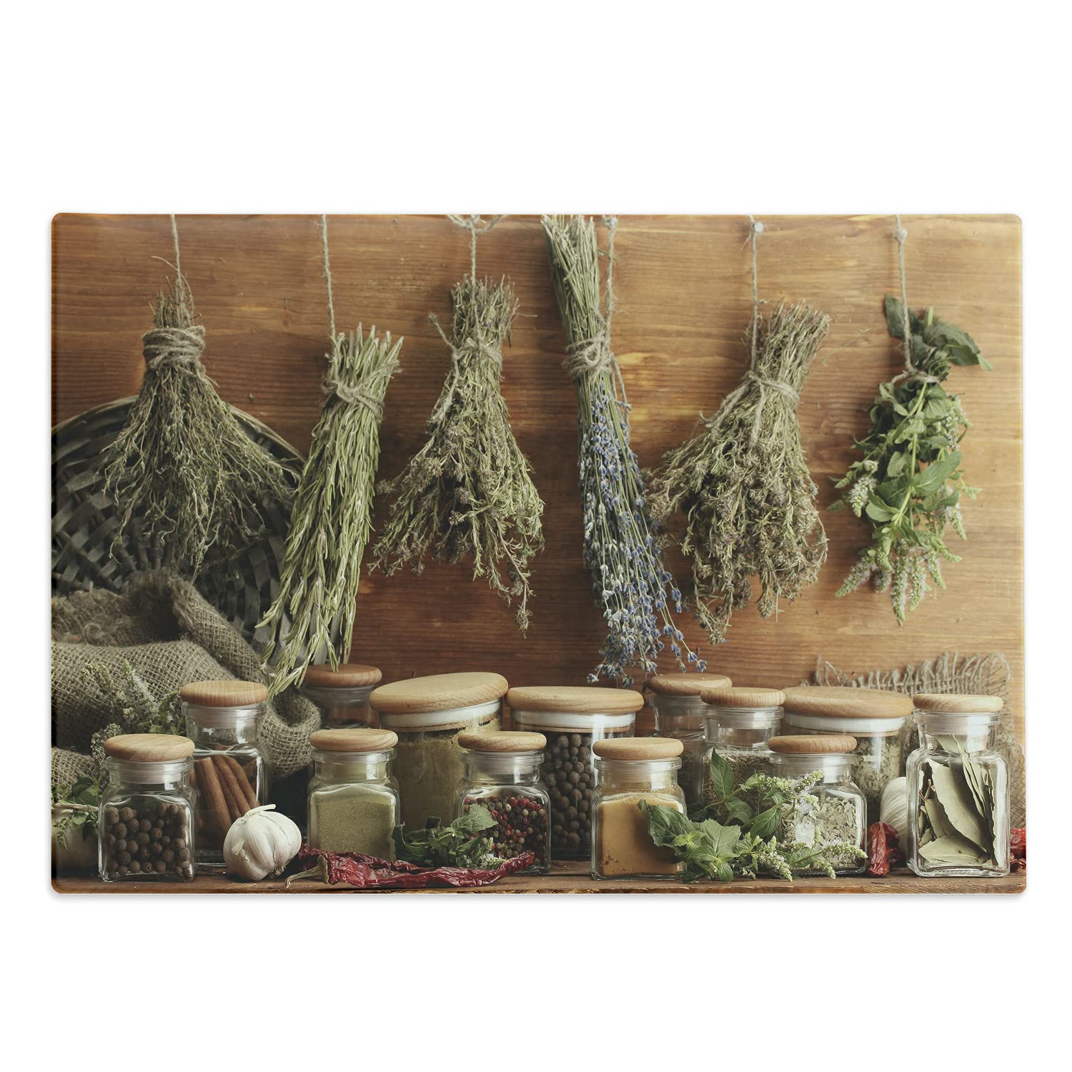 Ambesonne Spice Cutting Board, Dried Herbs and Pepper Hanging and Ingredients in Jars on a Wooden Background, Decorative Tempered Glass Cutting and Serving Board, Large Size, Multicolor