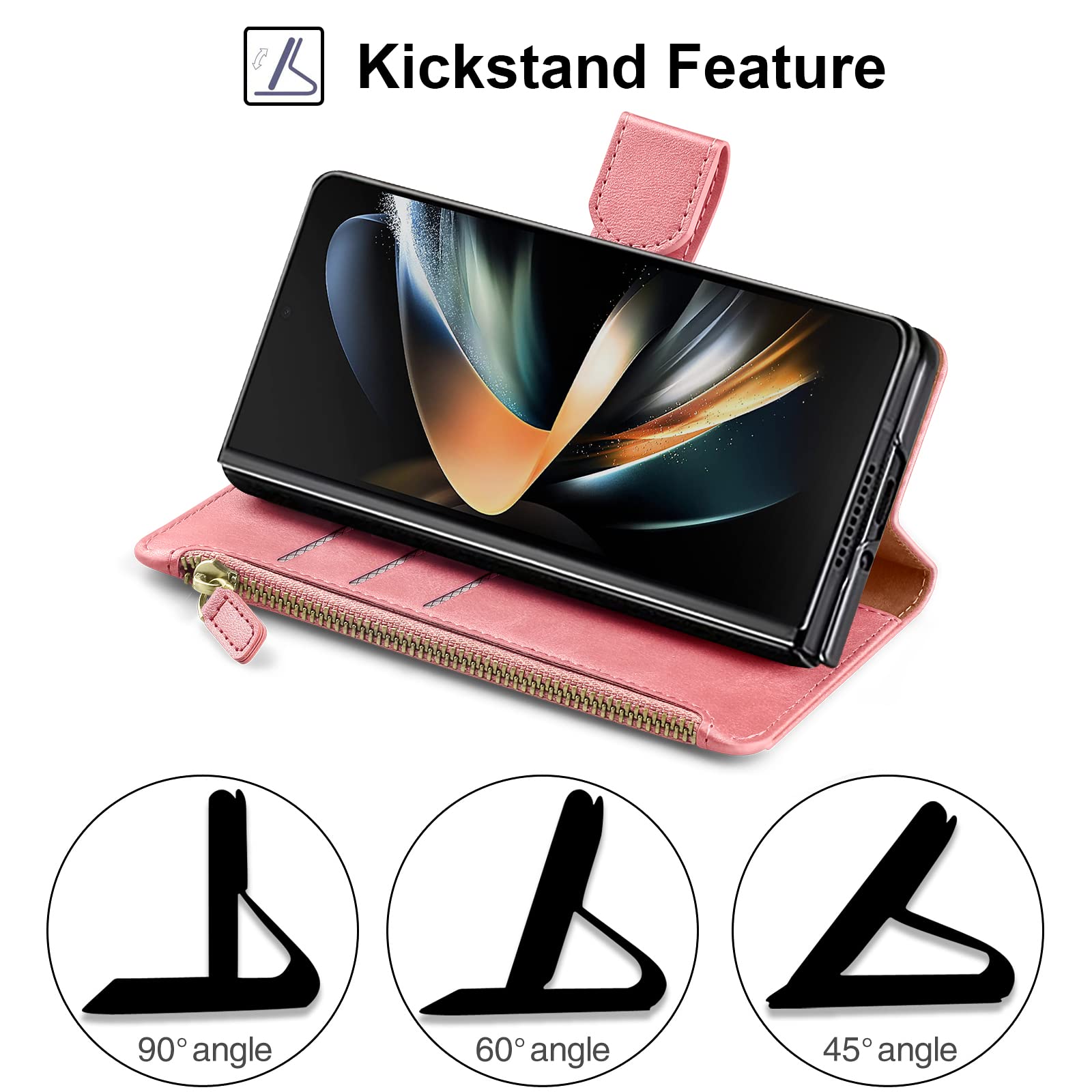 Antsturdy for Samsung Galaxy Z Fold 4 Wallet Case [RFID Blocking] [Zipper Poket] PU Leather Flip Folio Protective Cover with Slots Magnetic Credit Card Holder Kickstand Men Women,Rose Gold