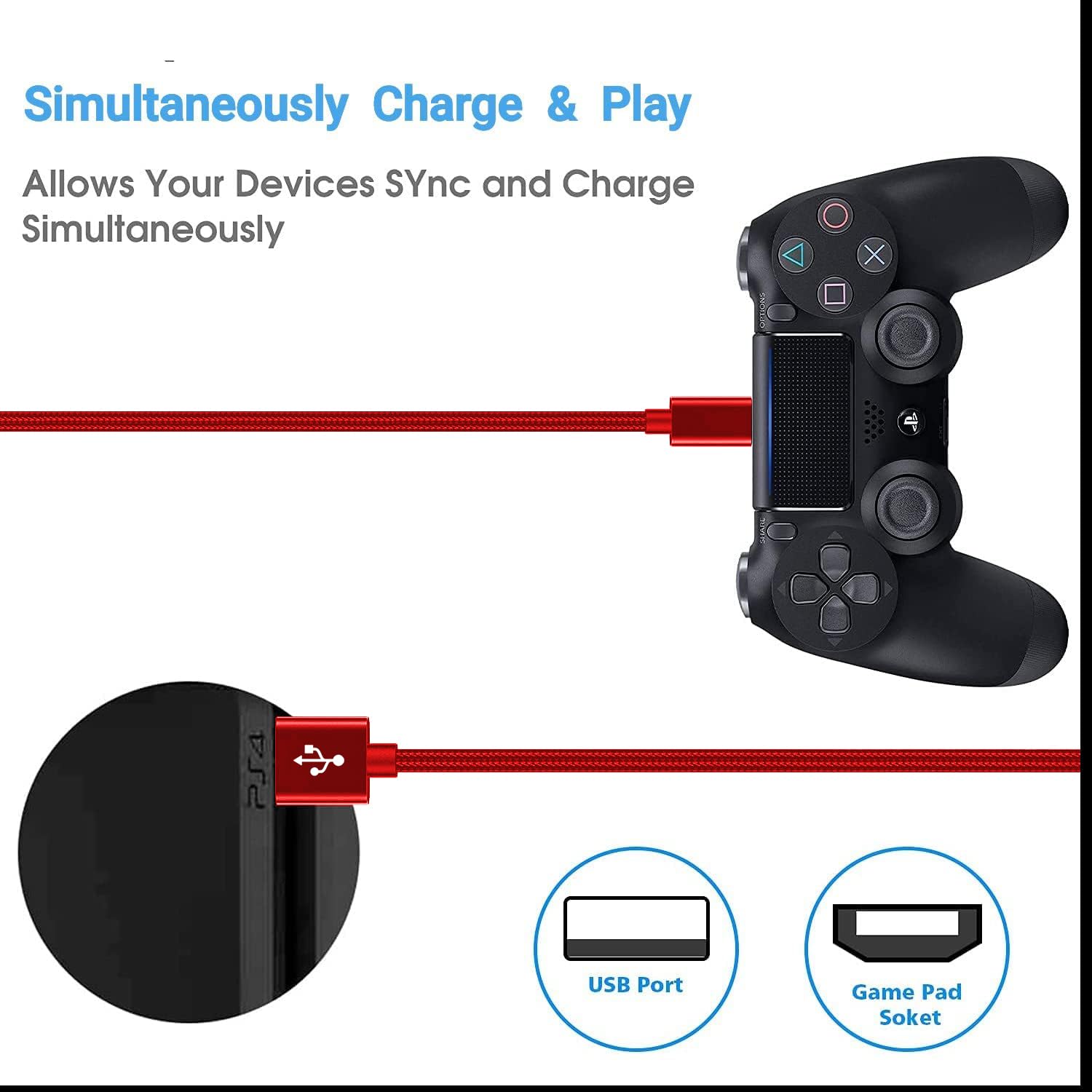 AOSOK PS4 Controller Charger Cable, 6FT Long Charging Cable for Playstation 4 Charger/PS4 Slim/Pro Wireless Controllers/Xbox One/X Controller, Micro USB Play and Data Sync Power Wire, Red