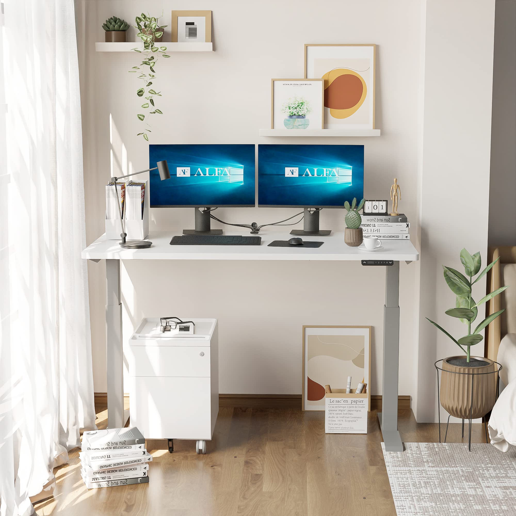 ALFA FURNISHING Dual Motor Standing Desk, 60 x30 Inch Electric Adjustable Height Sit Stand Desk for Home Office, Pre-Set Height Setting and Quick Install Frame (Cloud White Top + Sliver Frame)
