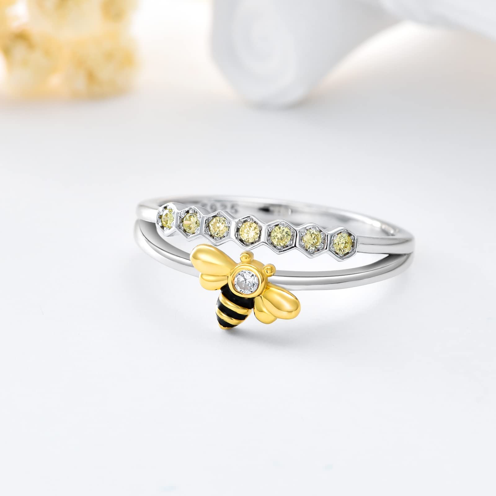 Bee Ring Sterling Silver Bee Band Ring with Cubic Zirconia Promise Ring Gift for Women (5)