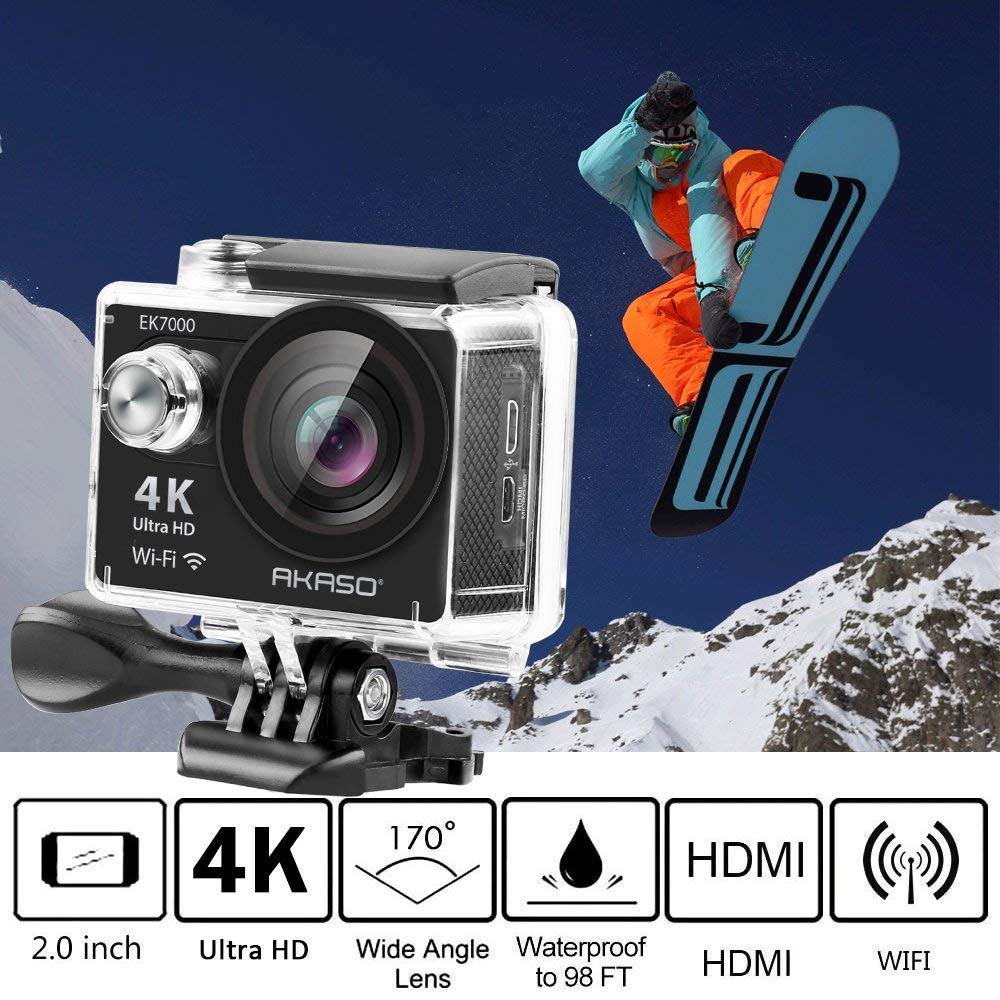 AKASO EK7000 4K Video WiFi Action Camera Ultra HD Waterproof DV Camcorder 12MP 170 Degree Wide Angle LCD (Black) with Wireless Remote Custom Case Memory Card Sports Camera Starter Kit