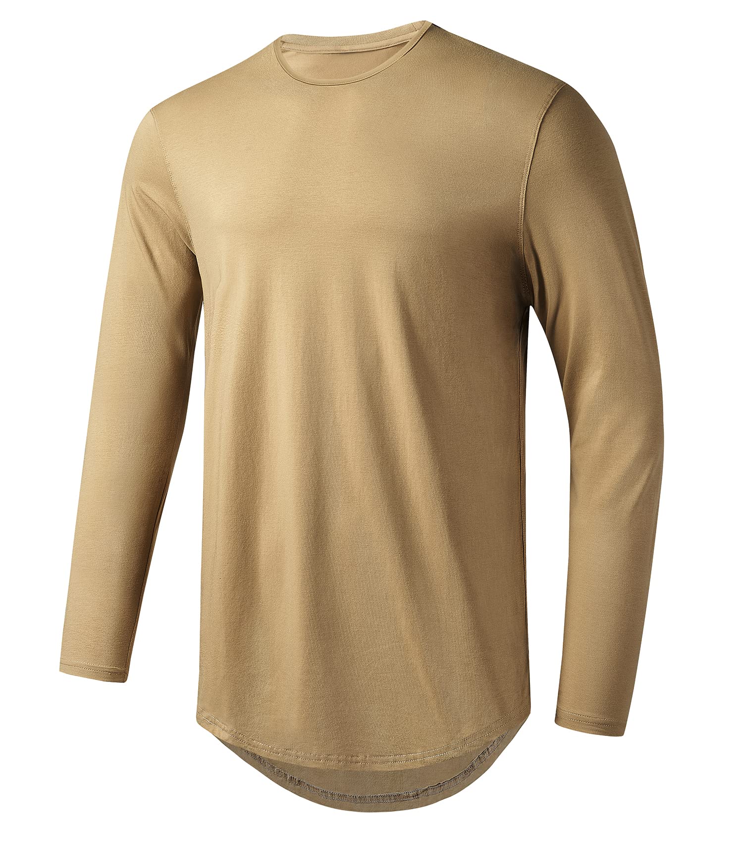 Althlemon Mens Running Short Sleeve Hipster Curved Longline Drop Tail Shirt Long Tshirt Workout Casual Tee, Khaki Long Sleeve, X-Large