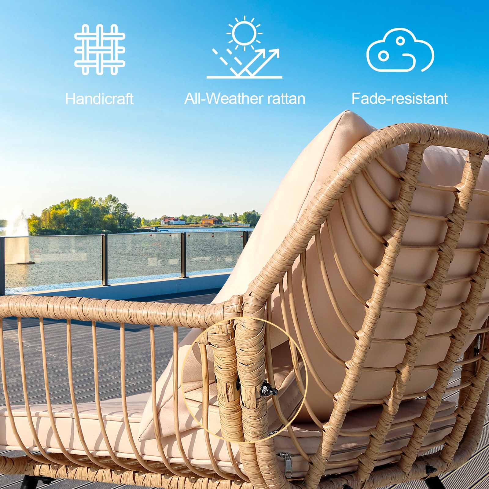 FKSLIFE Outdoor Wicker Patio Conversation Set, All-Weather Rattan Conversation Chairs for Backyard, Balcony, Deck ,Porch ,with Soft Cushions (Beige+Beige, 4-Piece Set)