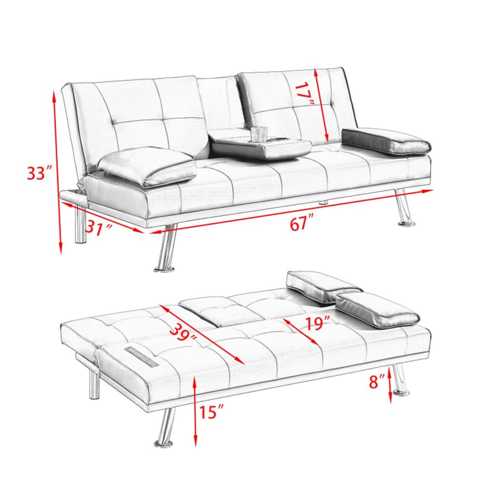 APAINI 67" Leather Multifunctional Double Folding Sofa Bed for Office Easy to Assemble for Indoor livingroom Furniture