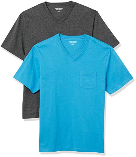 Amazon Essentials Men's Regular-Fit Short-Sleeve V-Neck Pocket T-Shirt, Pack of 2, Charcoal Heather/Bright Blue, X-Large