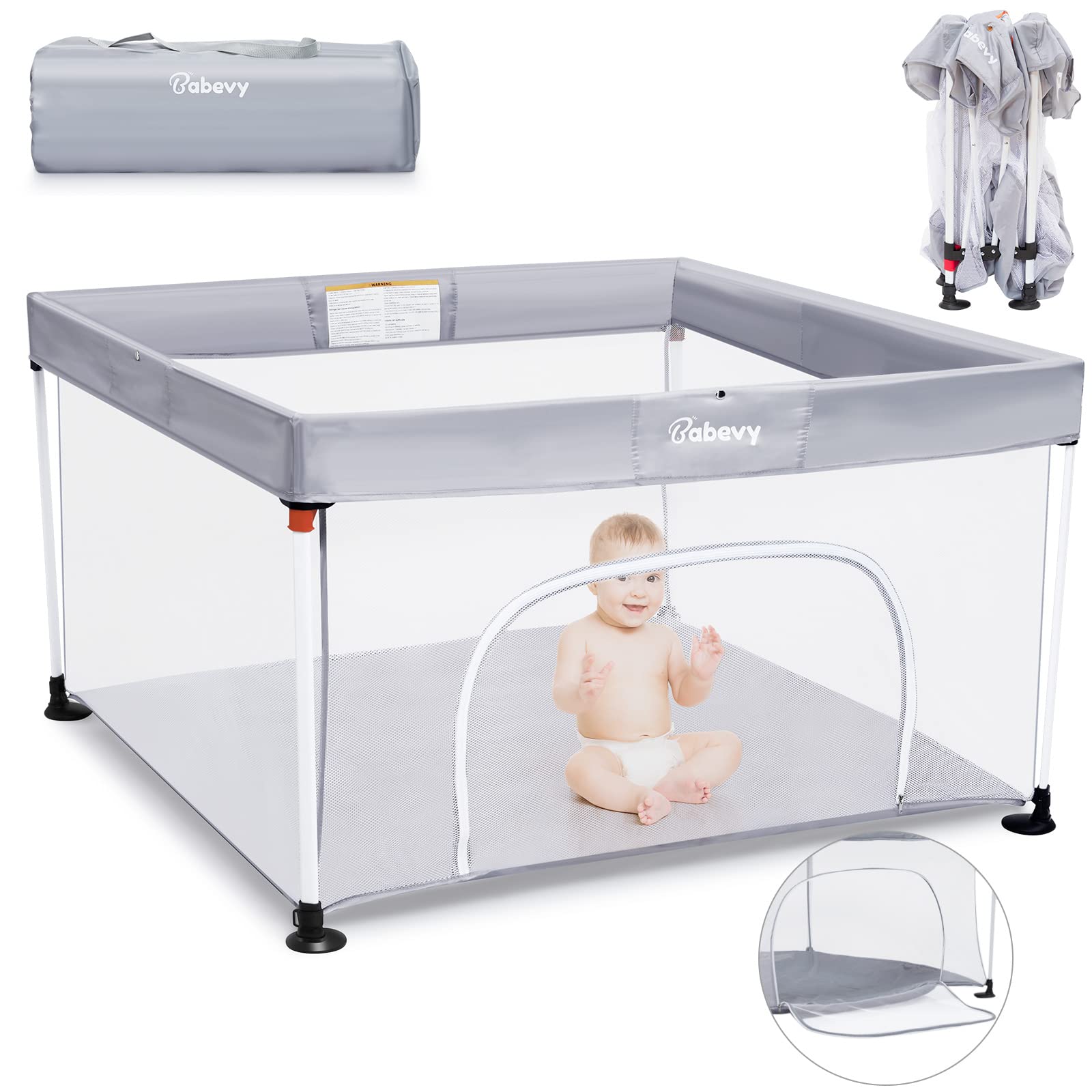 Babevy Foldable Baby Playpen Portable Baby Fence Play Yard for Babies and Toddlers with Gate, Indoor & Outdoor (Grey)