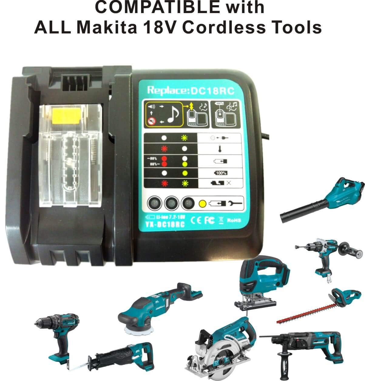 ANOITD DC18RC 14.4V-18VLi-Ion Battery Charger Compatible with Makita DC18RC DC18RD DC18RA DC18SD DC18SF to Work with BL1830 BL1840 BL1850 BL1860 BL1840B BL1820 BL1815 BL1430 BL1450 Makita 18V Battery