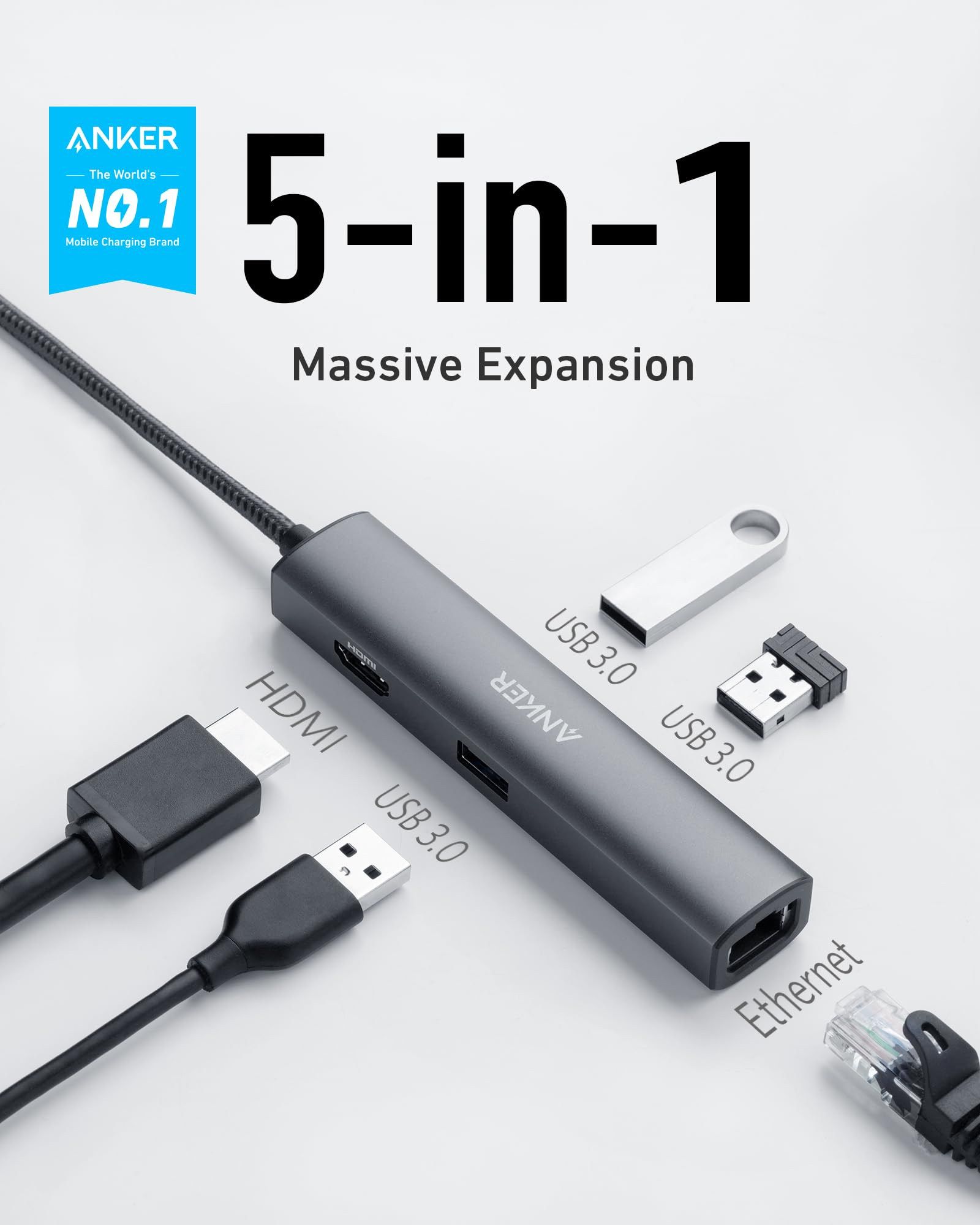 Anker USB C Hub Adapter, 5-in-1 USB C Adapter with 4K USB C to HDMI, Ethernet Port, 3 USB 3.0 Ports, for MacBook Pro, iPad Pro, XPS, Pixelbook, and More