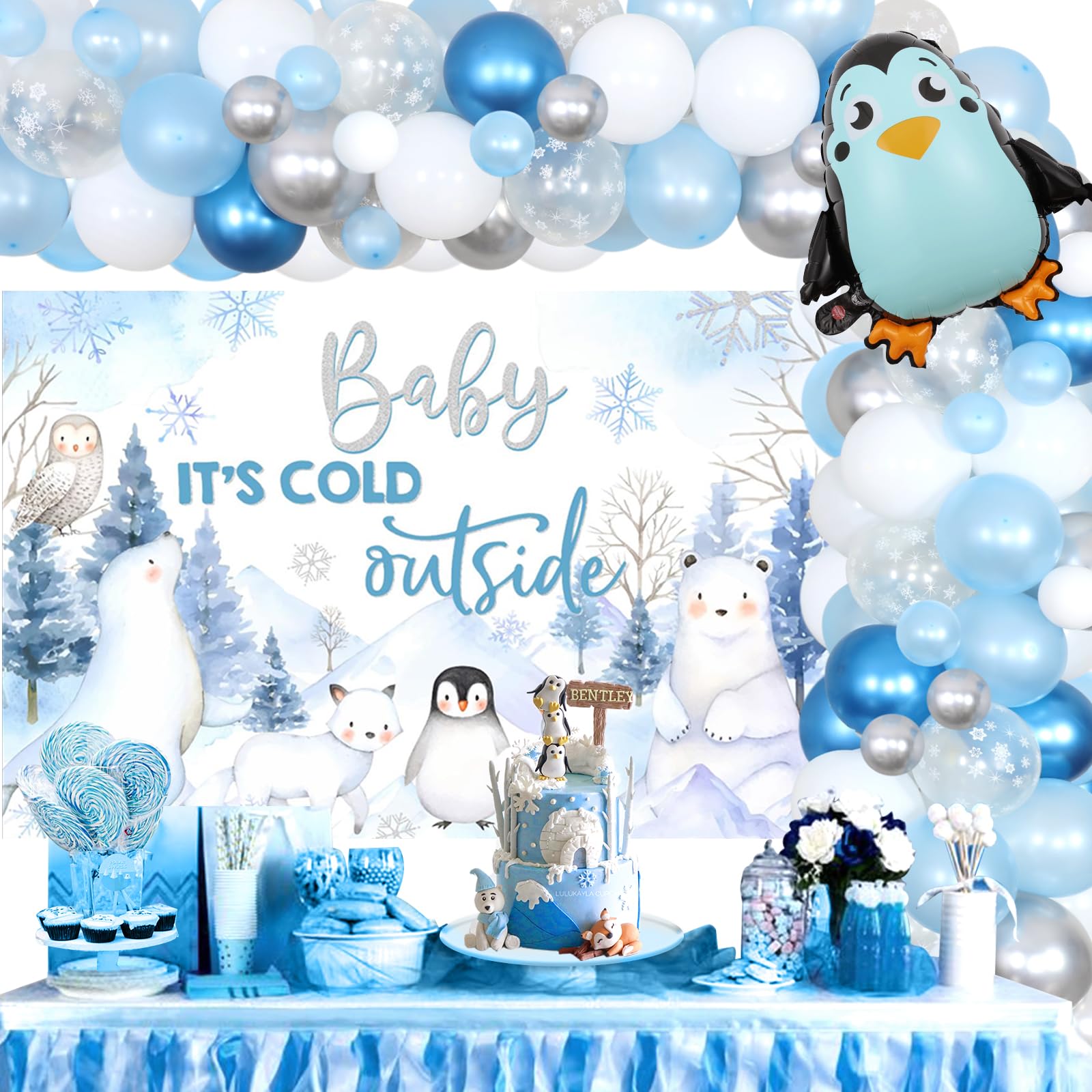 Arctic Animals Baby Shower - Blue Snowflake Balloon Garland Arch Kit with Baby It's Cold Outside Backdrop, Penguin Foil Balloons, Polar Bear Penguin Winter Baby Shower Decorations