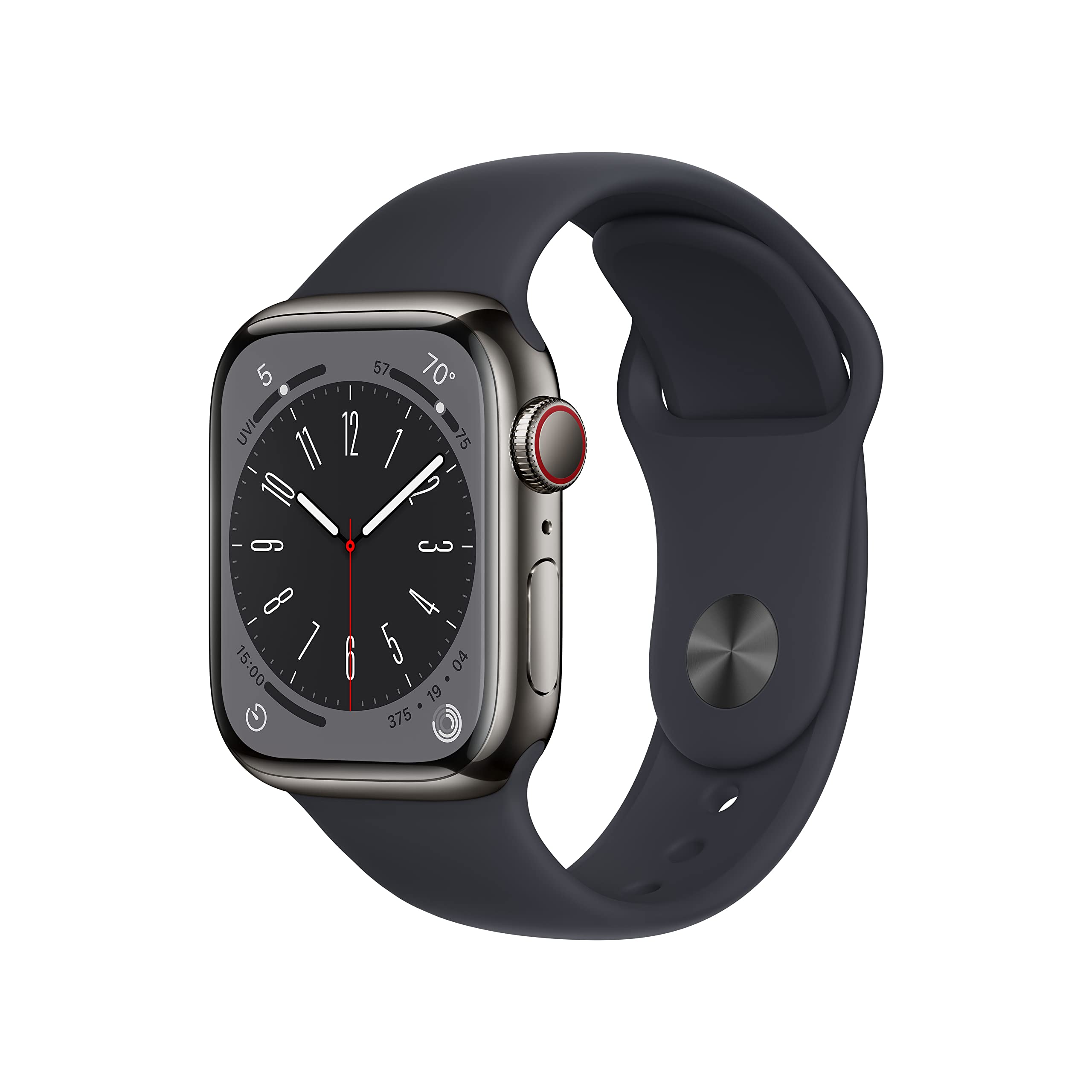 Apple Watch Series 8 [GPS + Cellular 41mm] Smart Watch w/Graphite Stainless Steel Case w/Midnight Sport Band-S/M. Fitness Tracker, Blood Oxygen & ECG Apps, Always-On Retina Display, Water Resistant