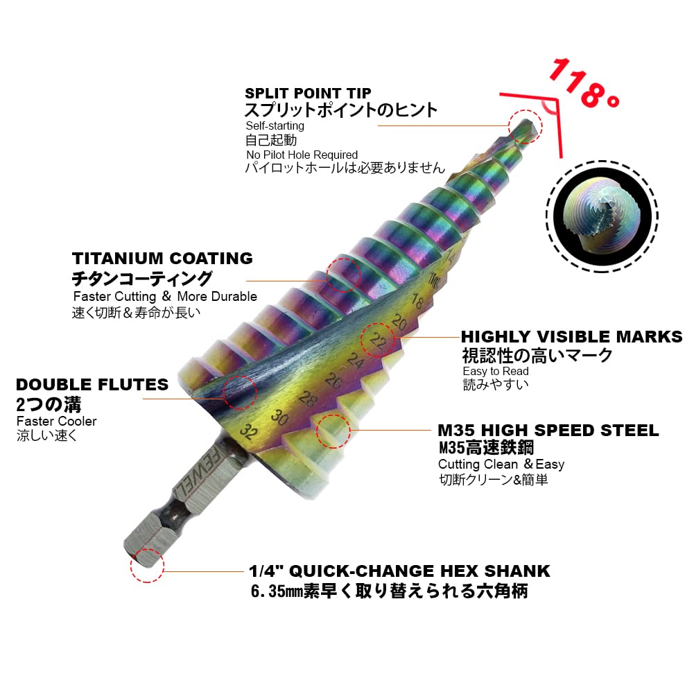 FEWELL M35 Titanium Step Drill Bits 3 Pieces,Spiral Flute Step Bit(4mm—12/20/32mm),Hex Shank Unibit for Metal, Wood, Stainless Steel, Plastic(29 Size)