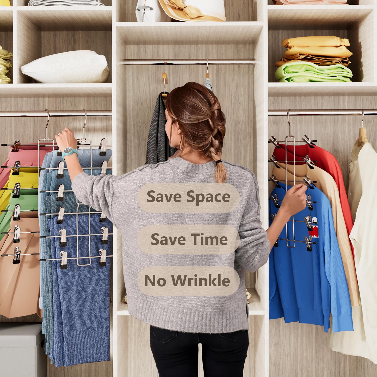 Hangers,Pants & Skirt Hangers Space Saving Hanging Closet Organizer and Storage,Clothes Hangers with 360° Swivel Hook,Upgrade Skirt Hangers with Clips-2Pack Closet Storage-Pant Hangers