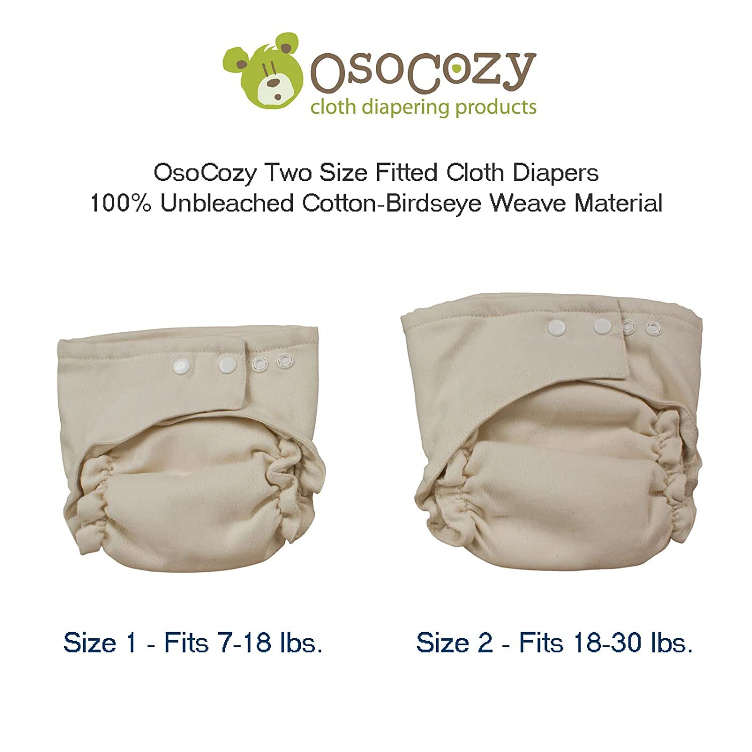 Osocozy Two Sized Fitted Cloth Diaper - Soft, Durable and Absorbent 100% Cotton Birdseye Weave Material. Easy to Use Snap Closures. Size 2 Fits 18-30 lb