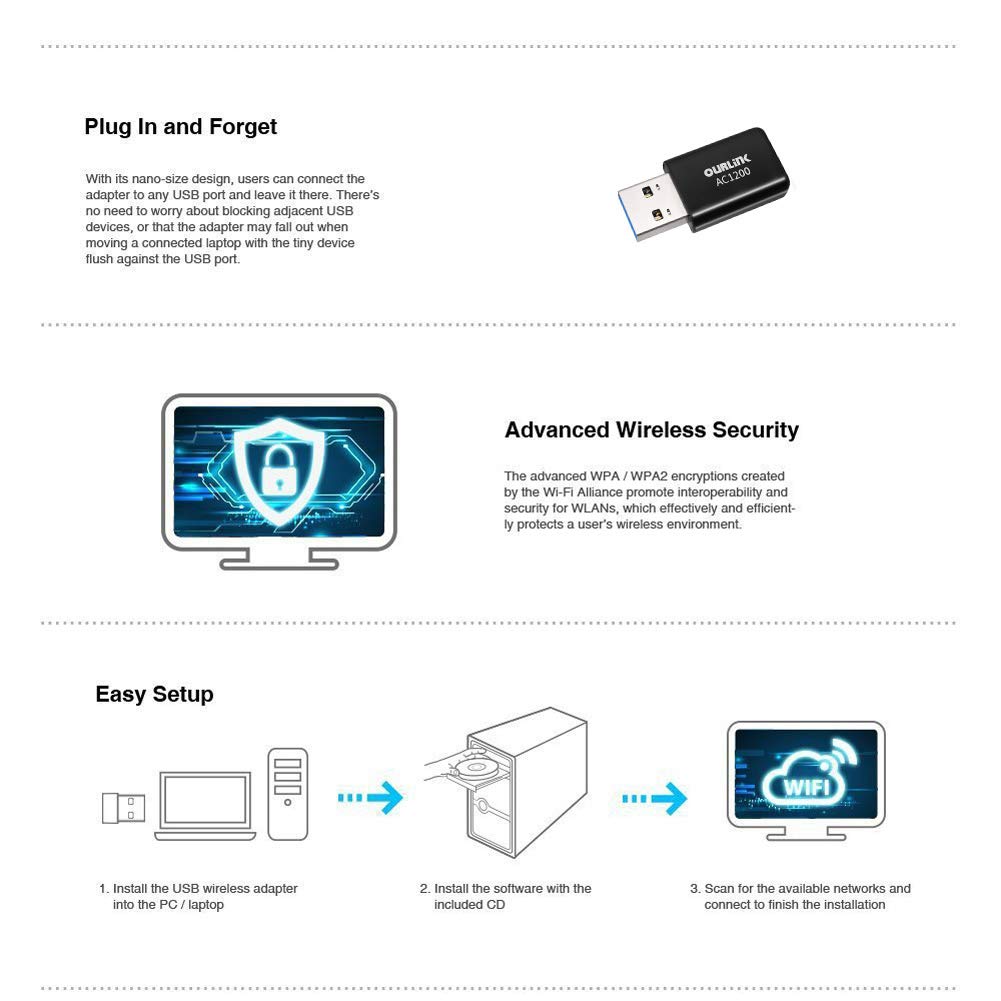 OURLINK Wireless USB 1200Mbps USB WiFi USB 3.0 Dual Band (2.4GHz/300Mbps + 5.8GHz/867Mbps) 802.11ac/b/g/n WiFi Adapter PC/Desktop/Laptop, Support Windows 10/8.1/8/7, Mac OS 10.6-10.15