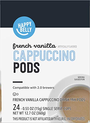 Amazon Brand - Happy Belly Cappuccino Coffee Pods, Light Roast, Compatible with K-Cup Brewers, French Vanilla Flavored, 24 Count
