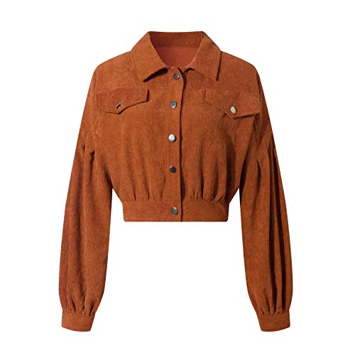 Andongnywell Women's Long Sleeve Outerwear Corduroy Jacket Solid Color Wild Stand Collar Single Breasted Outwear (Brown,Large)