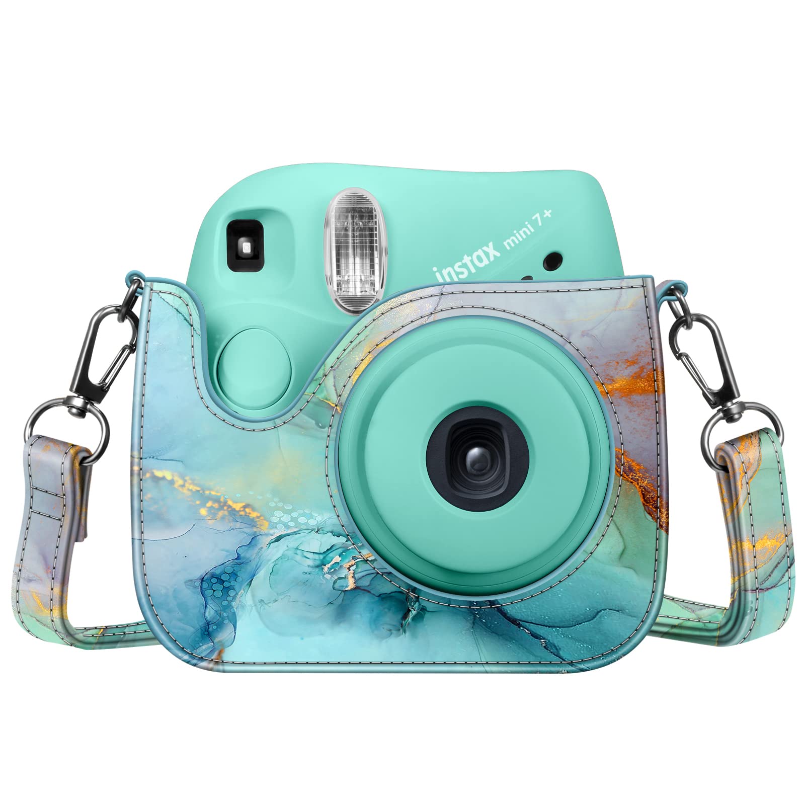 Fintie Protective Case for Fujifilm Instax Mini 7+ Instant Camera - Premium Vegan Leather Bag Cover with Removable Adjustable Strap, Emerald Marble