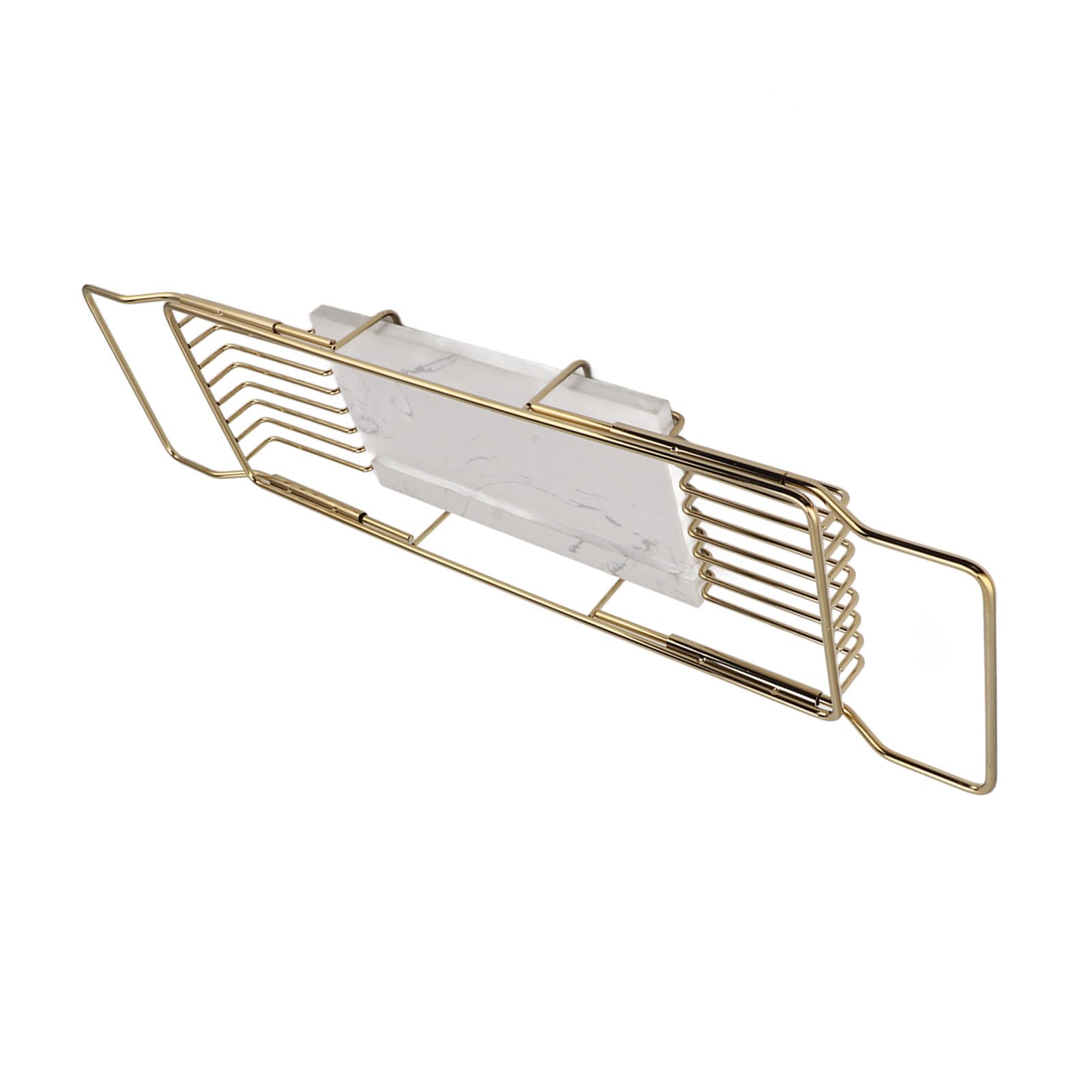 Metal Marble Bathtub Rack, Bathtub Caddy Tray Stainless Steel Shower Caddy Tray with Extending Sides, Bathroom Trays (Gold White)