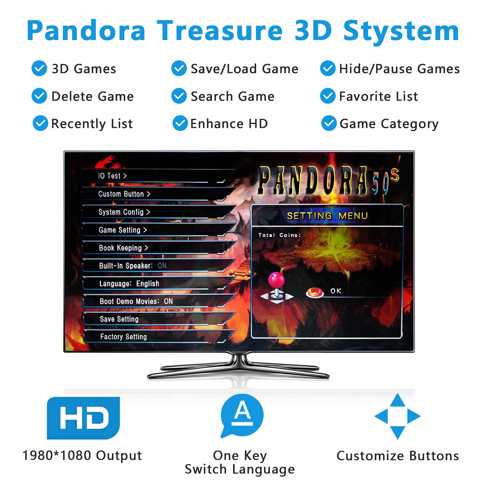FVBADE [30000 Games in 1 70S Pandora Box Arcade Game Console Compatible PC & Projector & TV,3D Games 1-4 Players Double Joystick Favorite List Game Category Save/Search/Hide/Pause/Delete Games.