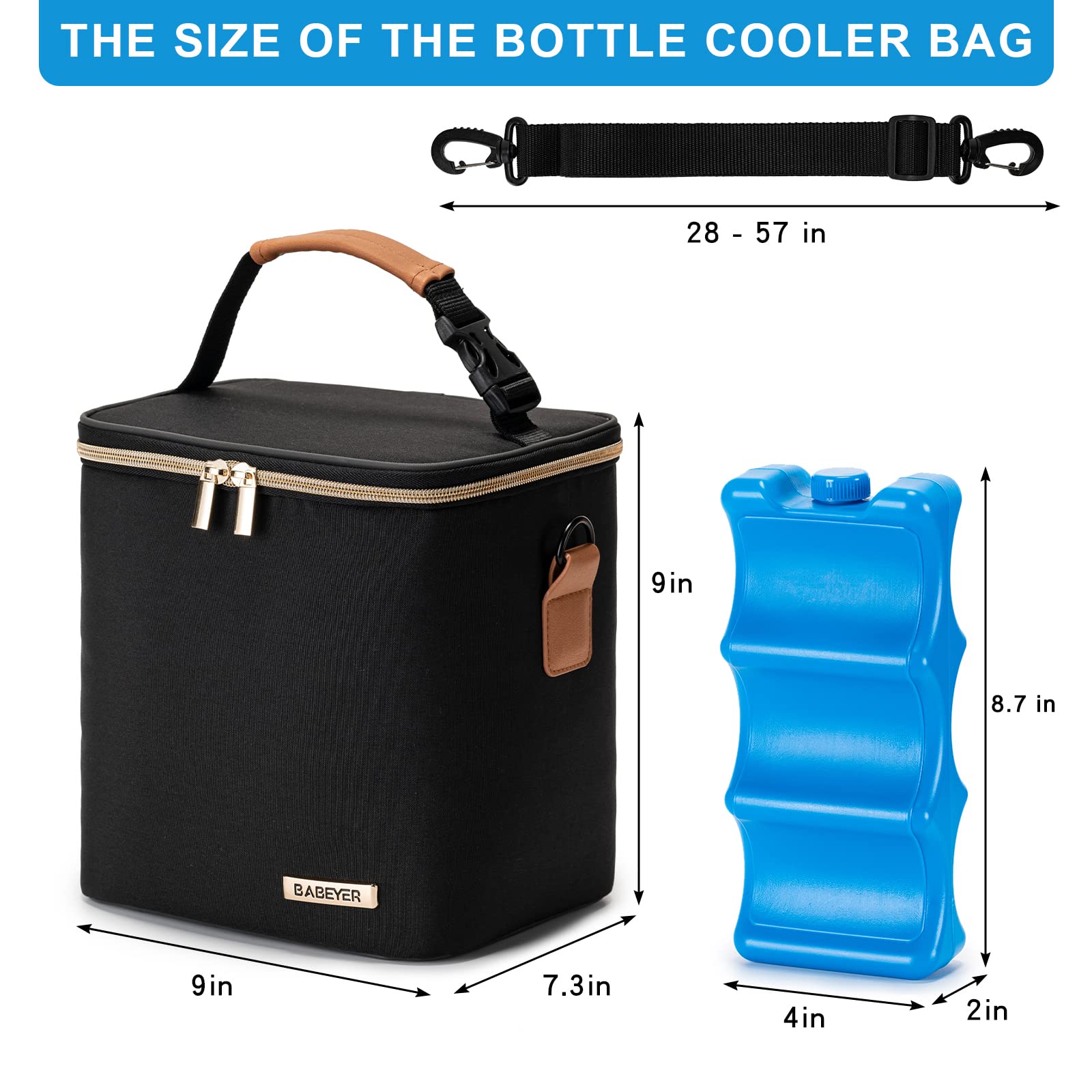 BABEYER Breastmilk Cooler Bag with Ice Pack Fits 6 Baby Bottles Up to 9 Ounce, Baby Bottle Bag with Shoulder Strap for Nursing Mom Daycare, Black