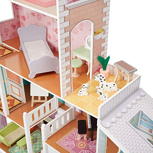 Amazon Basics 4-Story Wooden Dollhouse with Furniture Accessories for 12-Inch Dolls, 52x14x55''
