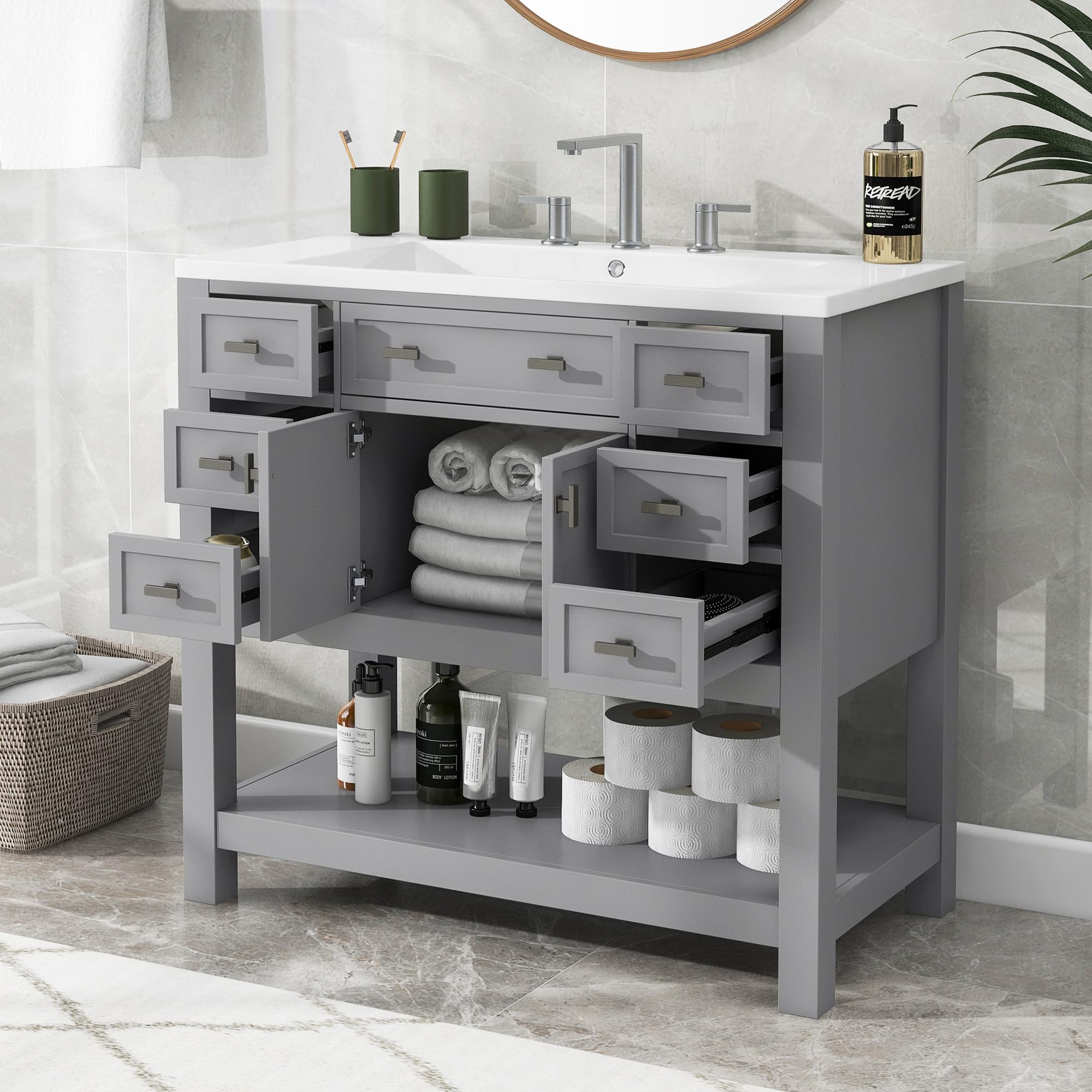 Merax 36" Bathroom Vanity with Sink Combo, Modern Wood Fixture Stand Storage Cabinet Set W/2 Soft Closing Doors and 6 Drawers, Grey