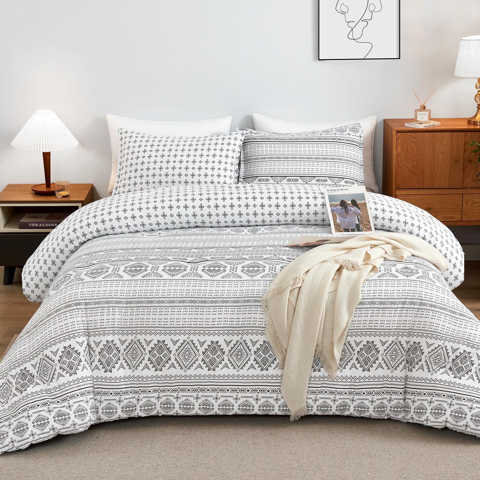 Andency Black White King Size Comforter Set, 3 Pieces Bedding Comforter Sets (1 Geometric Striped Comforter & 2 Pillowcases), Bohemian Summer Lightweight Microfiber Down Alternative Bed Set