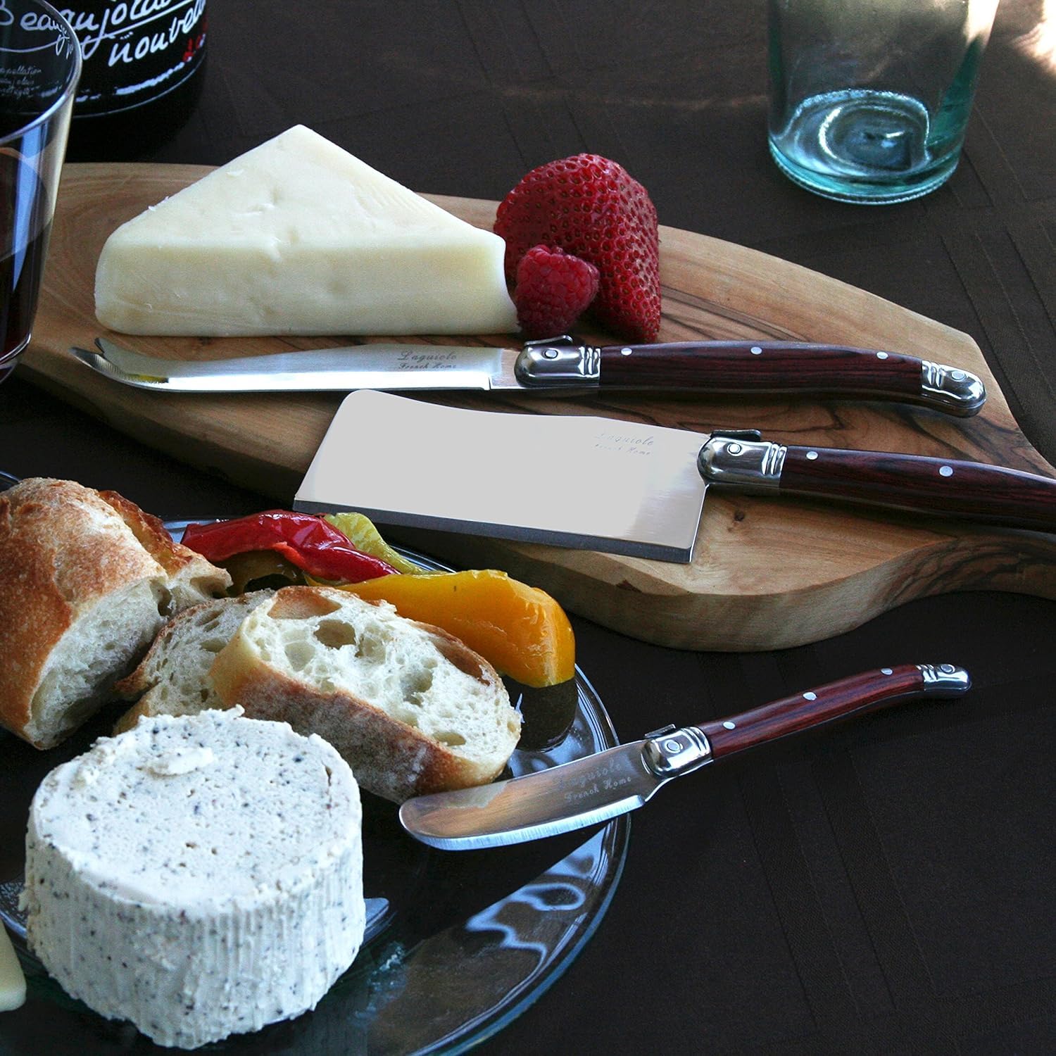 Laguiole Cheese Knife Set of 3 – Charcuterie Accessories w/Pakkawood Handles – Includes 6.25" Cheese Spreader, 9.25" Spear & 8.5" Cleaver Knife