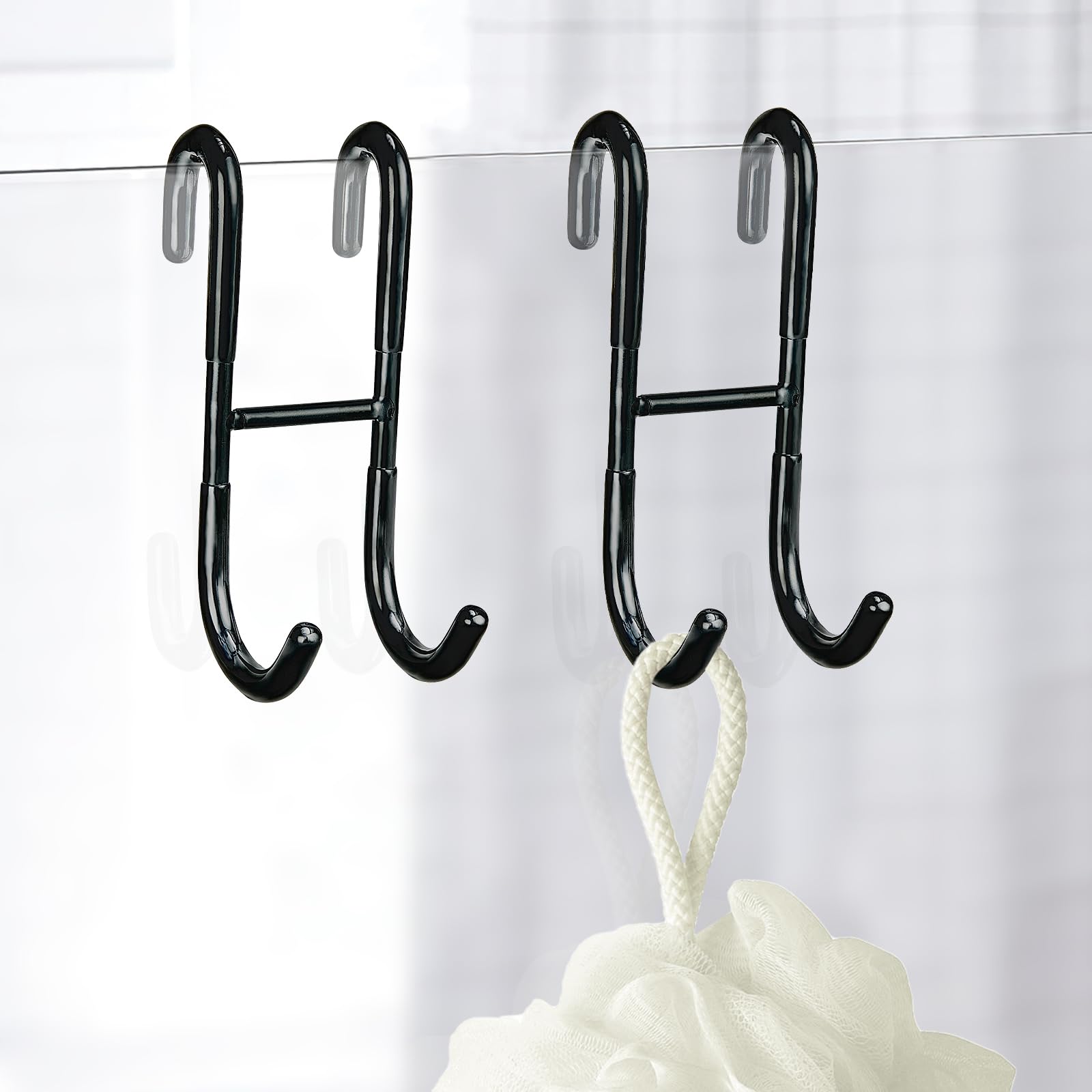 Shower Door Hooks (2-Pack),Stainless Steel Bathroom Hooks,No Drill No Stick Hooks,Frameless Glass Shower Door Towel Bath Ball Hooks,Shower Wiper Hook, Black