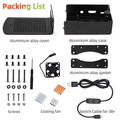 Aluminum Alloy Case for Raspberry Pi 3B+ with USB Switch Cable Fan Heatsink and Screw Driver Raspberry Pi Case for RPi 3B+ RPi 3 RPi 2 B