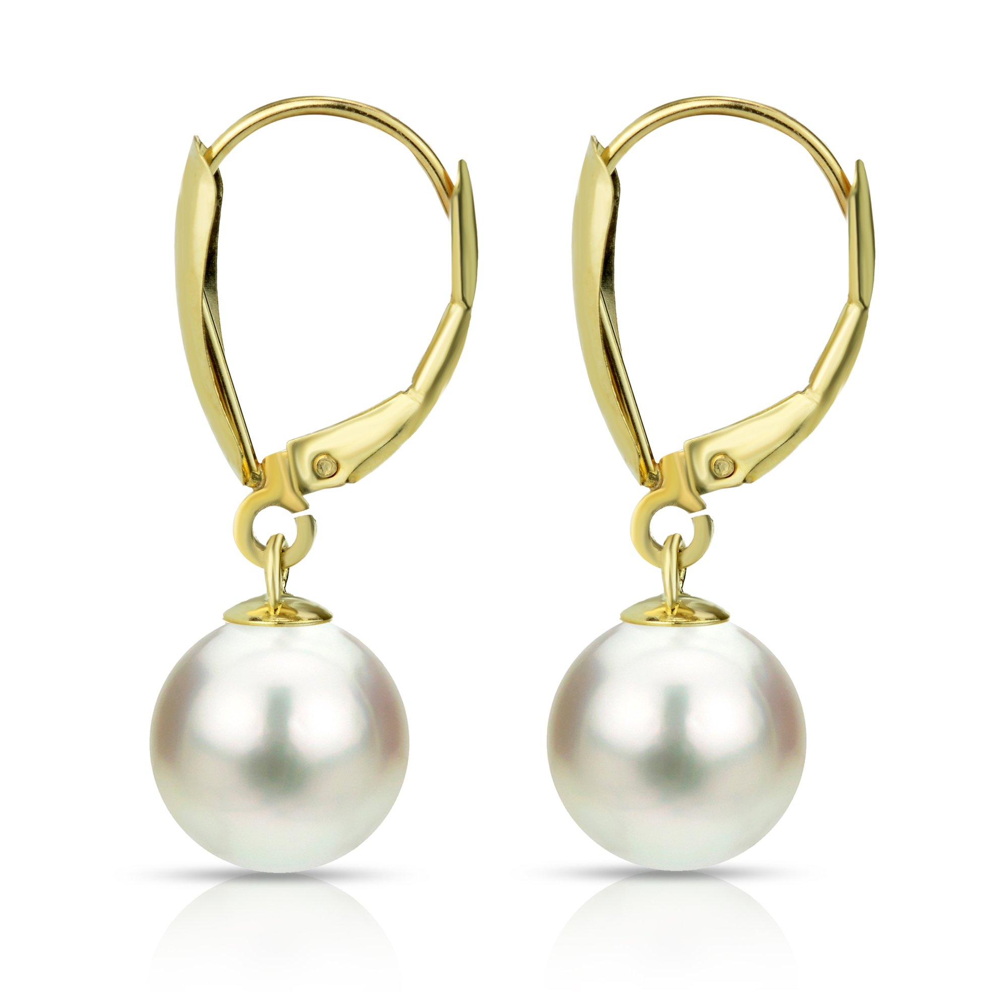 Amazon Collection 14k Yellow Gold 8-8.5mm Round White Freshwater Cultured High Luster Pearl Lever-Back Dangle Earrings