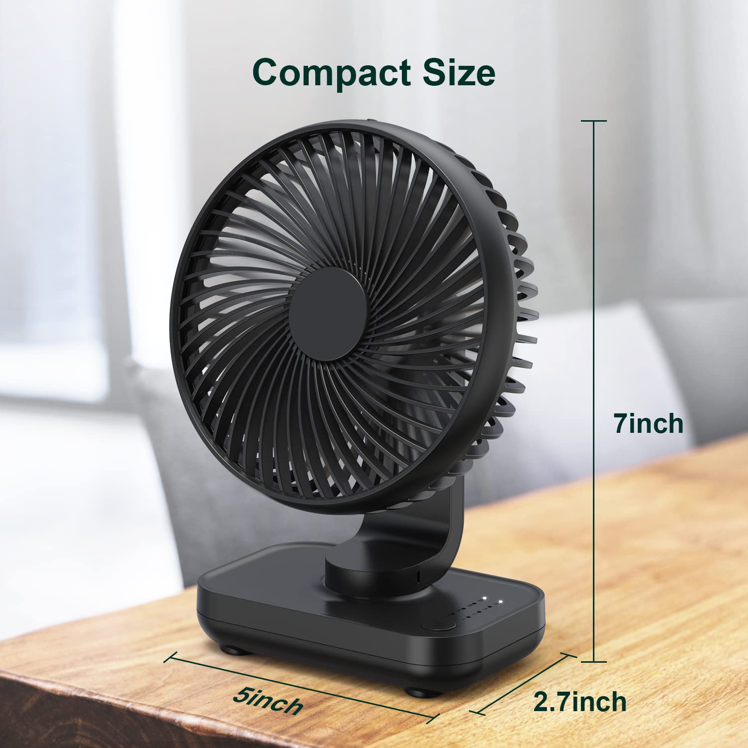 Aluan Small Desk Fan, Quiet Portable Fan, Rechargeable Battery Operated Personal Fan for Home Office Bedroom Desktop Table, 4 Speeds, Black
