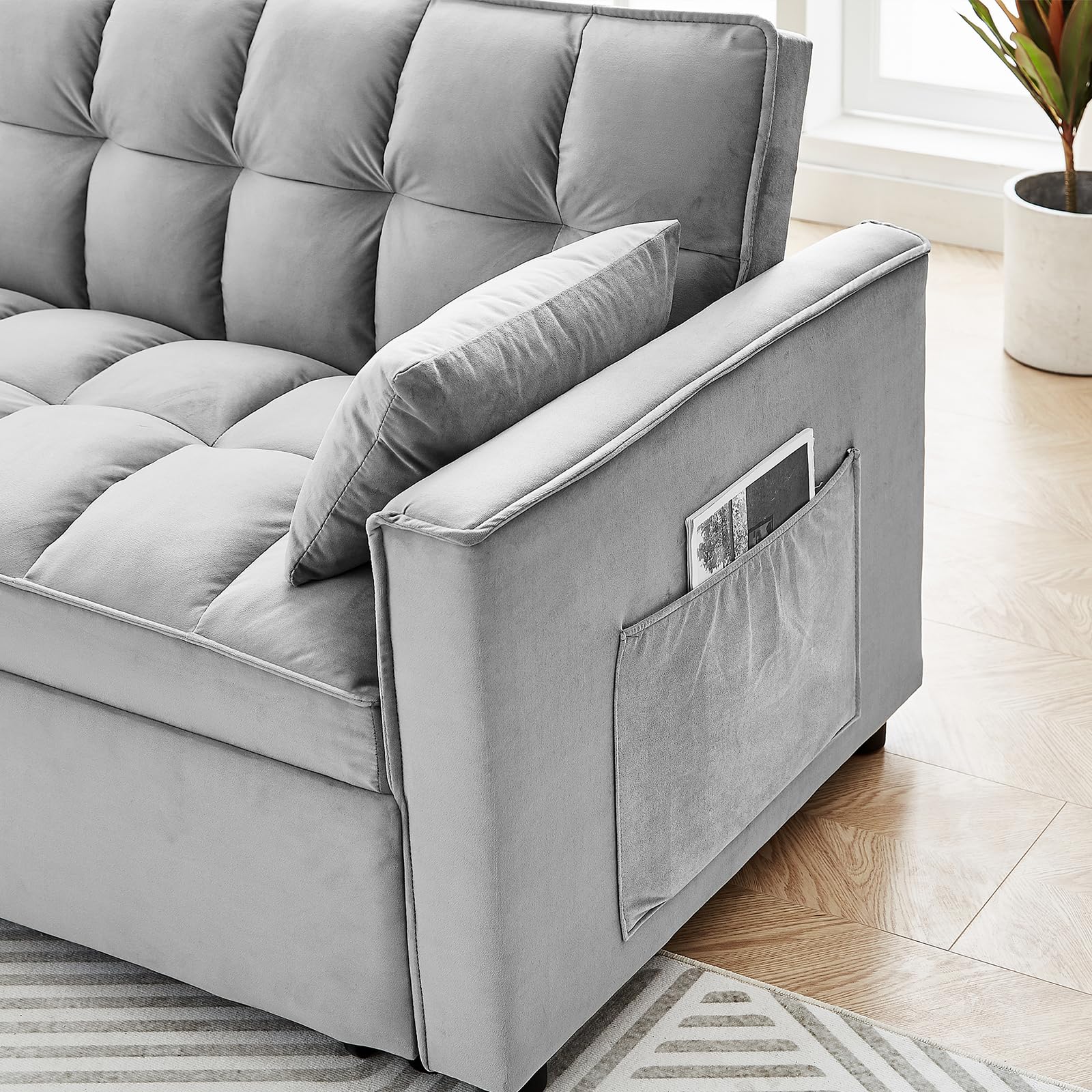 CALABASH 3 in 1 Sleeper Sofa Couch Bed, Small Tufted Velvet Convertible Loveseat Futon Sofa w/Pullout Bed, Adjustable Backrest, Pillows, Multi-Pockets for Living Room Apartment